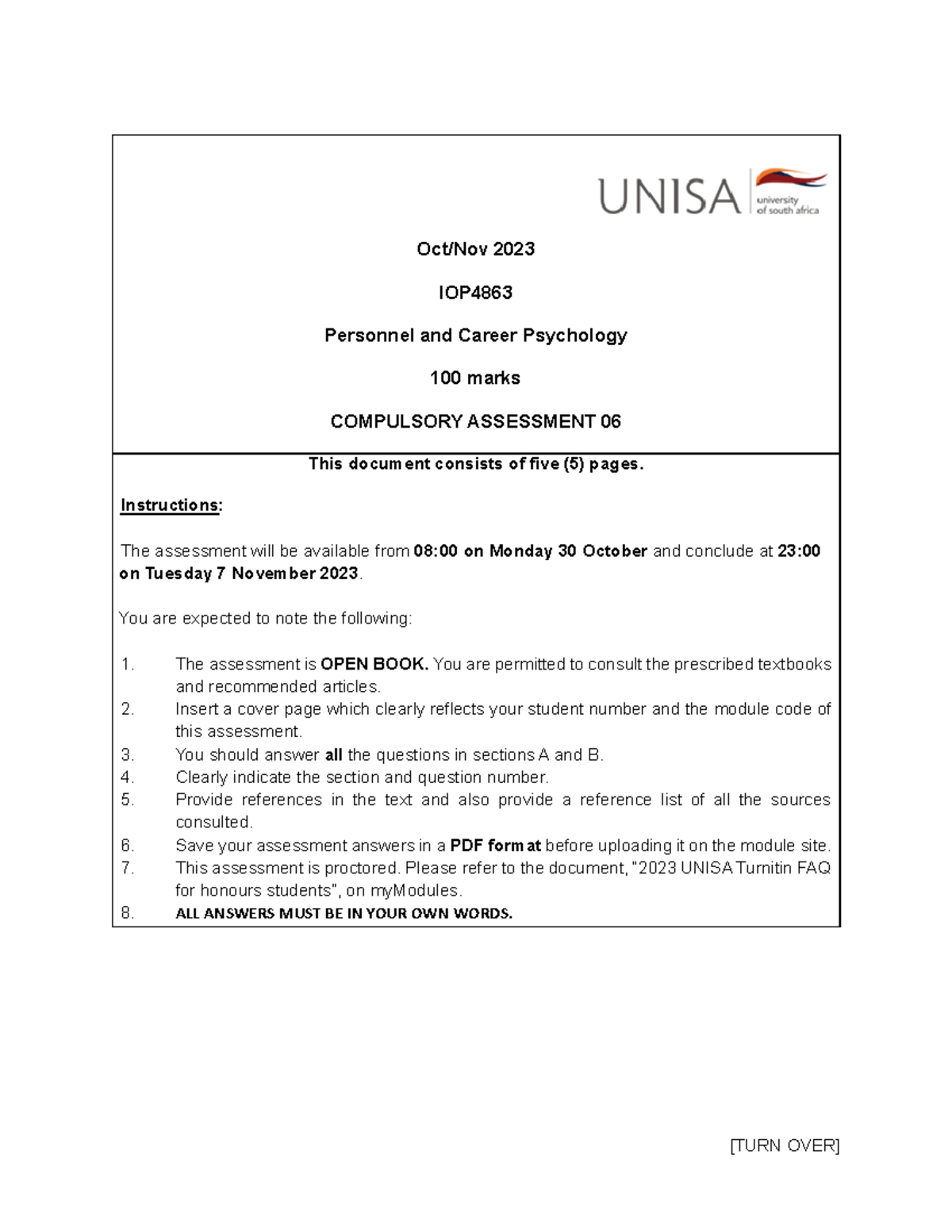 Assessment 06 - FINAL ASSIGNMENT - Oct/Nov 2023 IOP Personnel and ...