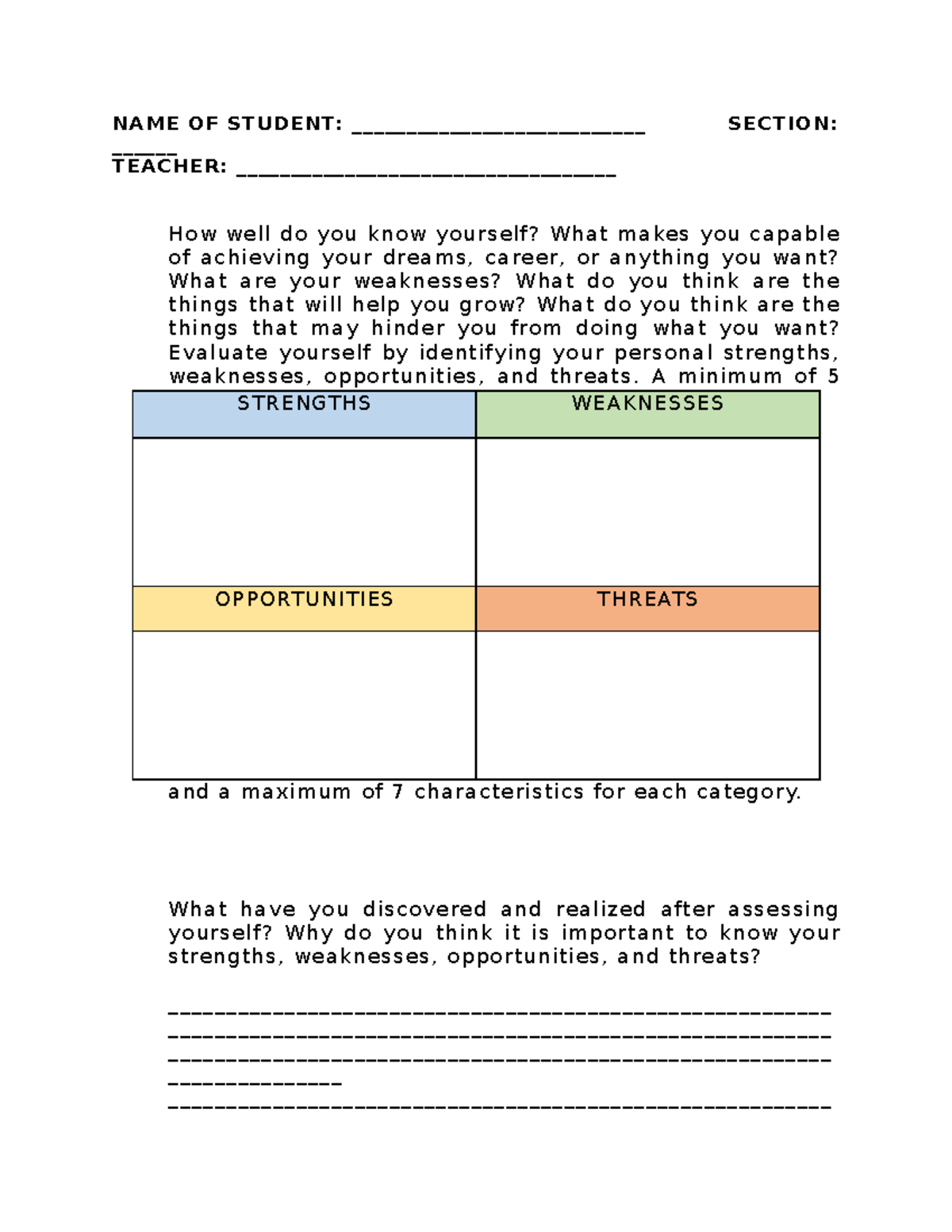 Personal SWOT Analysis - **NAME OF STUDENT ...