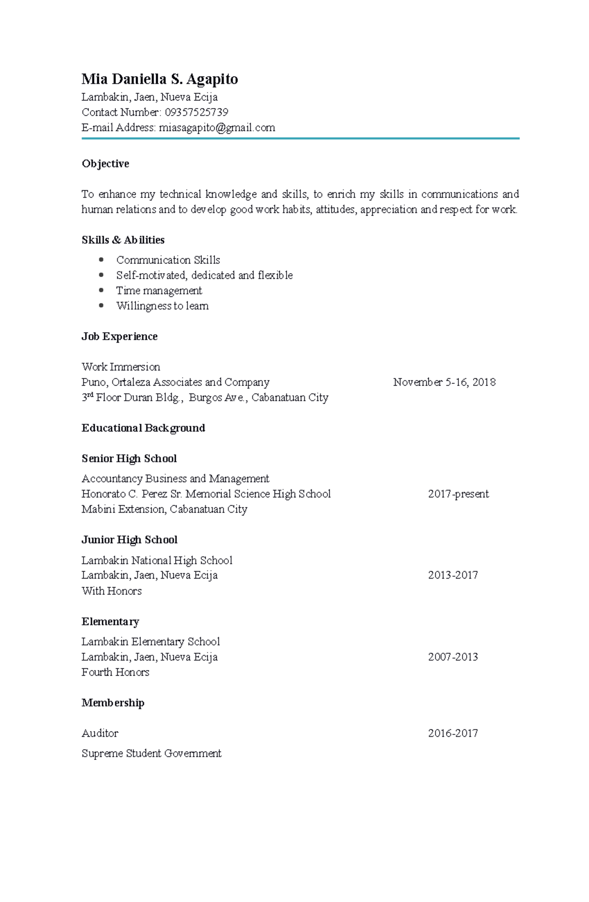 Mia resume - Grade: A - Mia Daniella S. Agapito Lambakin, Jaen, Nueva ...