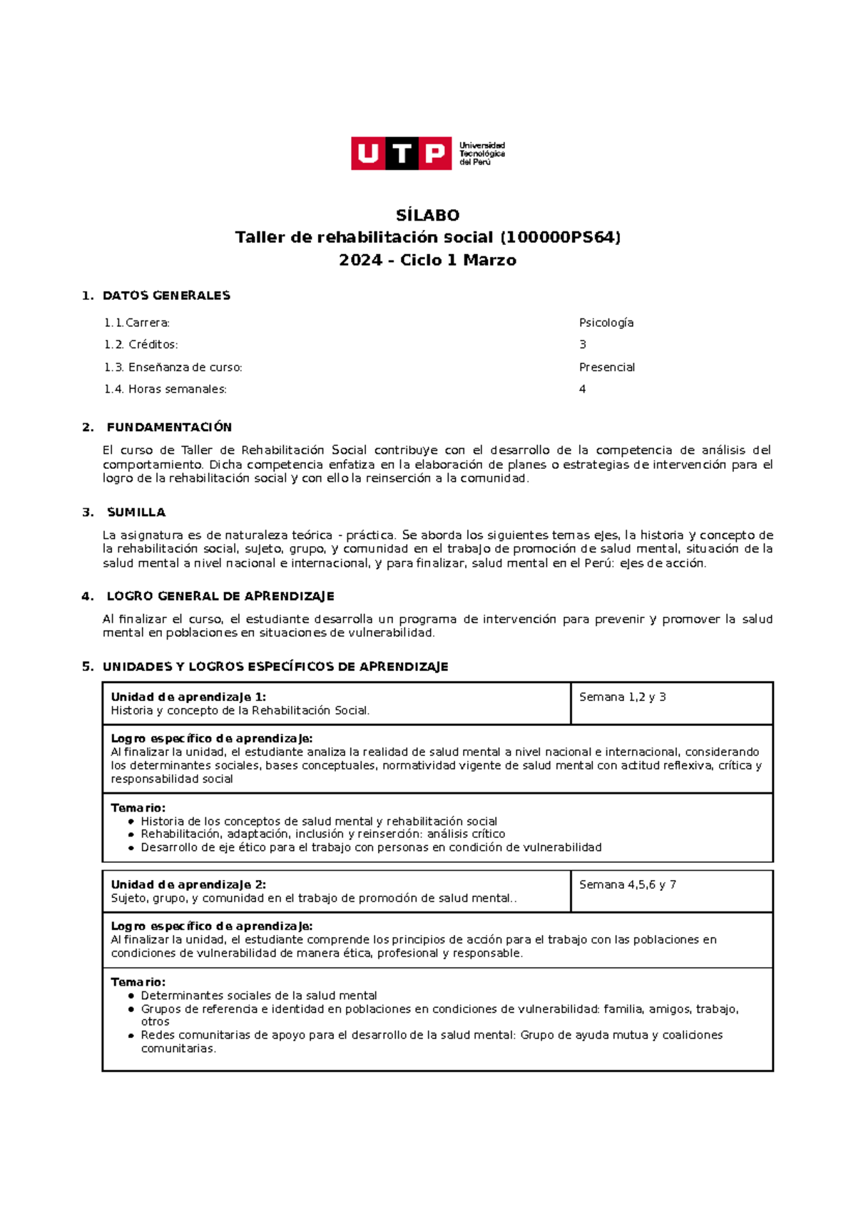 100000 PS64 Taller De Rehabilitacion Social - SÍLABO Taller de ...