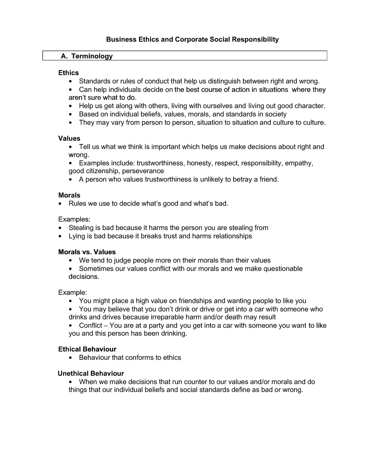 Business Ethics (Handout) - Business Ethics and Corporate Social ...