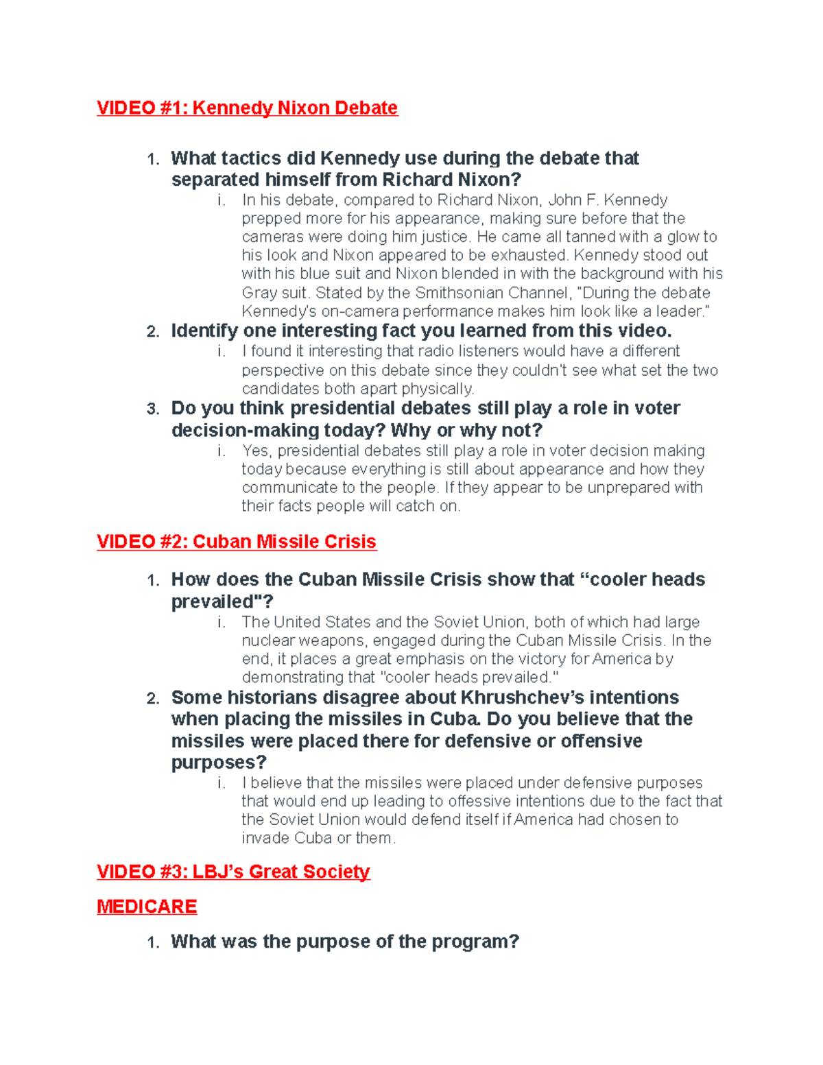 Week #10 Class Activity JFK, Johnson Presidencies - VIDEO #1: Kennedy ...