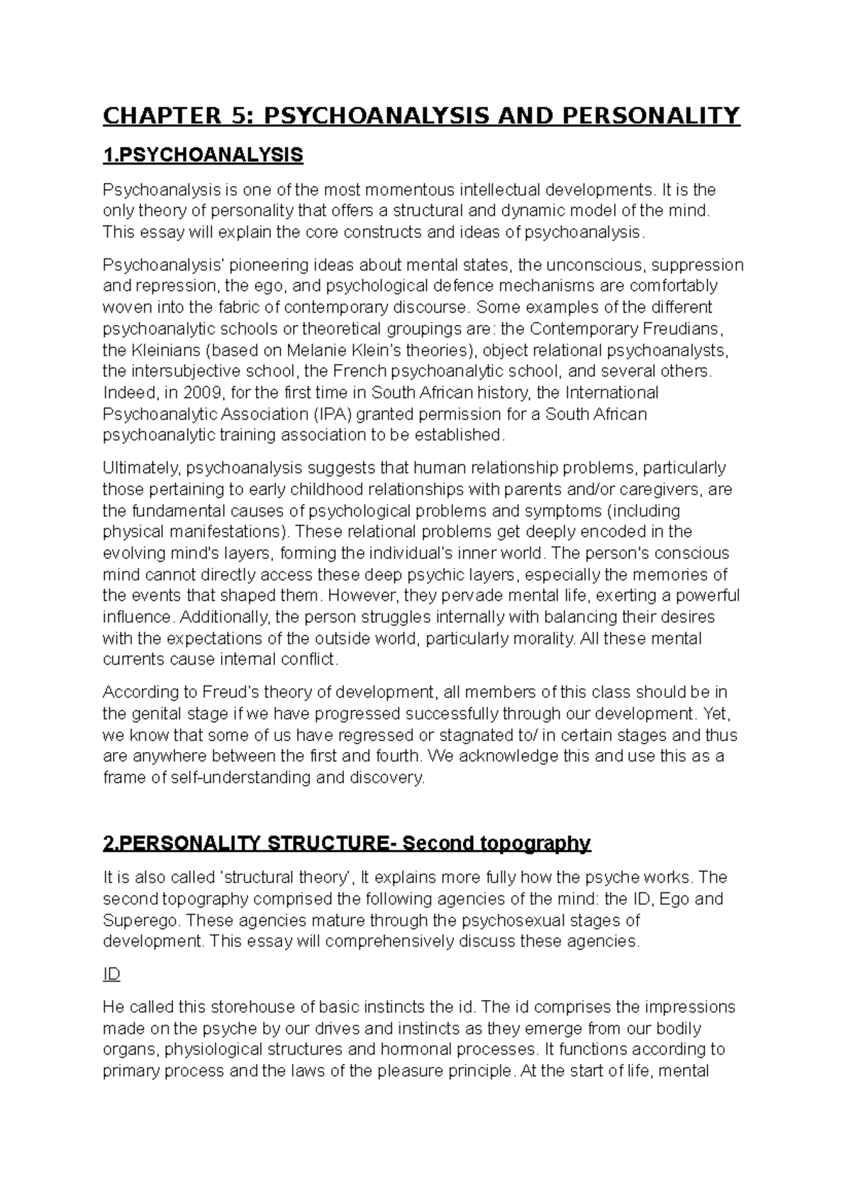 Pspe test 2 Scope - Test 2 notes - CHAPTER 5: PSYCHOANALYSIS AND ...