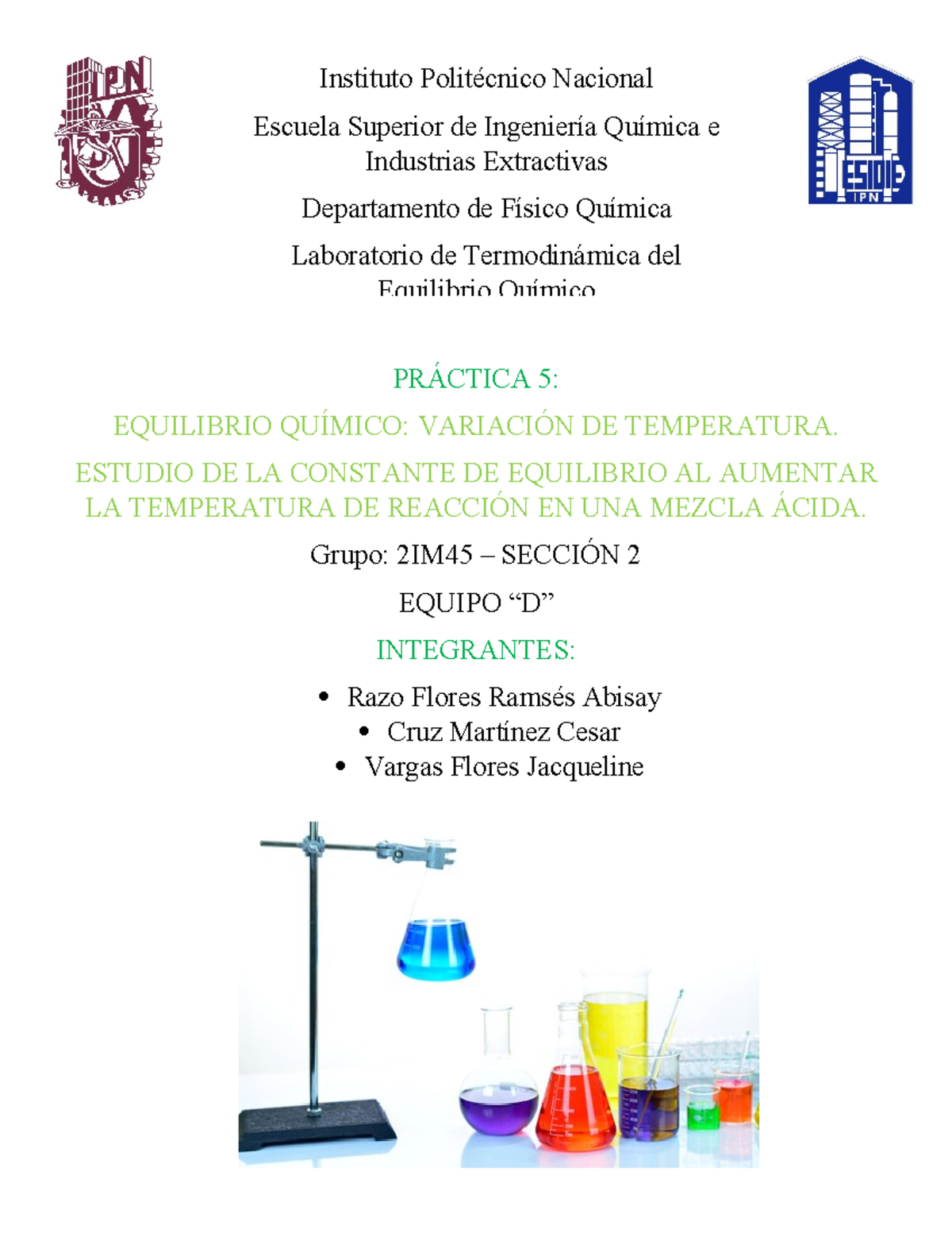 Cálculos p5 - PRÁCTICA 5: EQUILIBRIO QUÍMICO: VARIACIÓN DE TEMPERATURA. ESTUDIO DE LA CONSTANTE ...