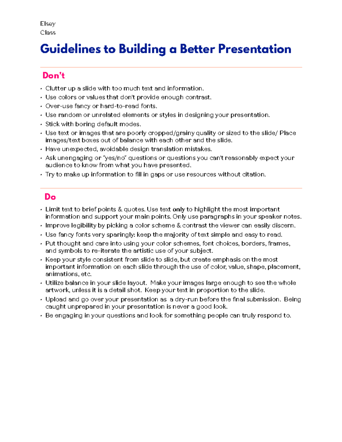 Presentation Guidelines - Elsey Class Guidelines to Building a Better ...