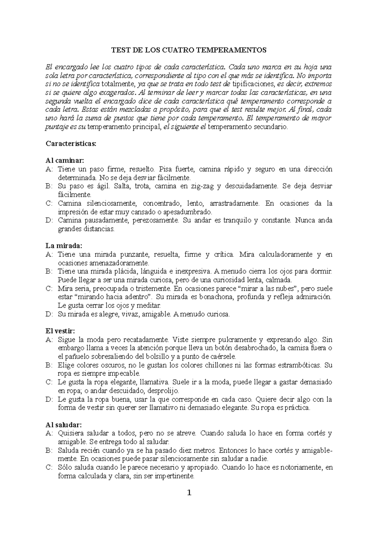 TEST DE LOS Cuatro Temperamentos - TEST DE LOS CUATRO TEMPERAMENTOS El ...