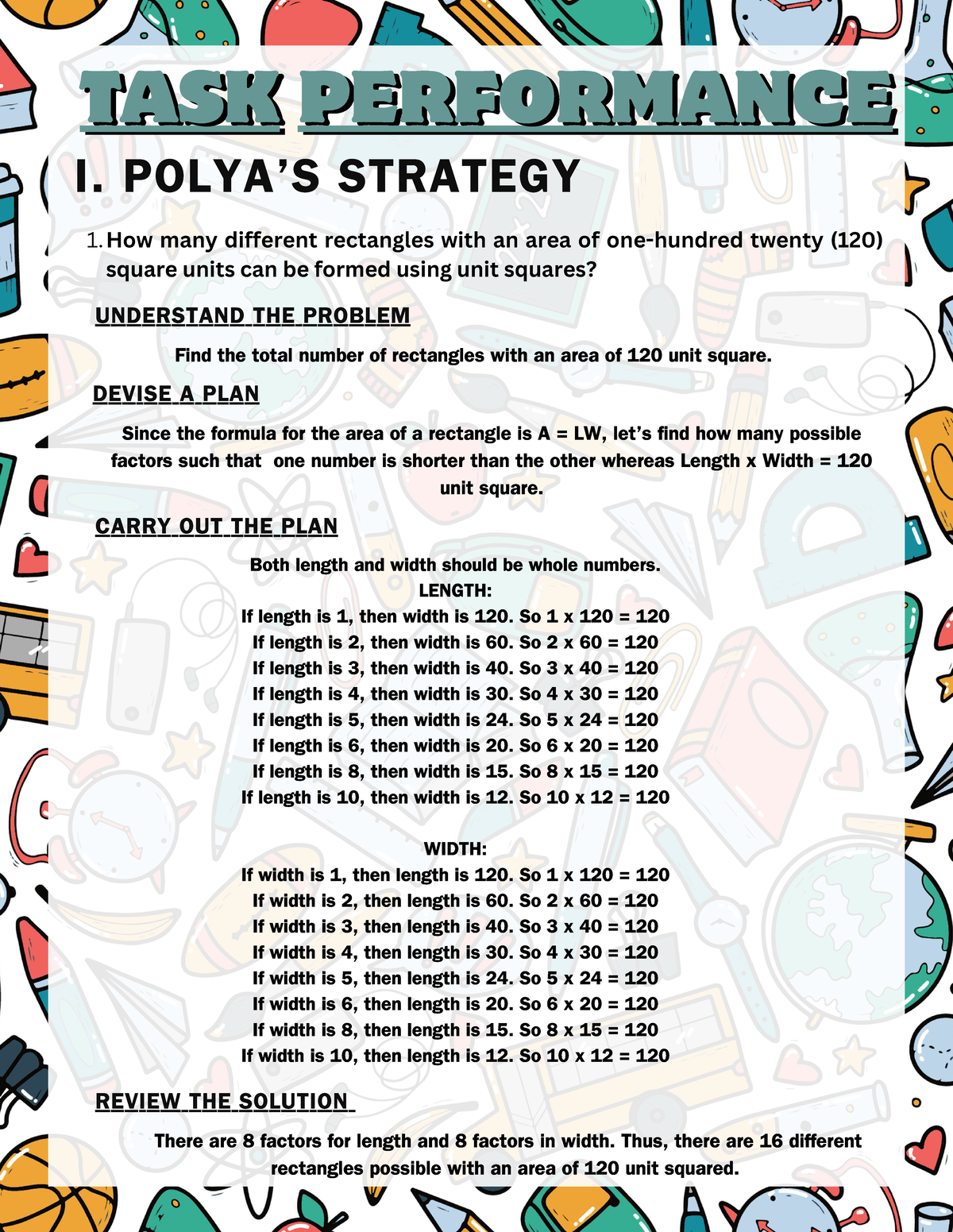 03 Task Performance 1 - ARG - I. POLYA’S STRATEGY TASK TASK PERFORMANCEPERFORMANCE How many ...