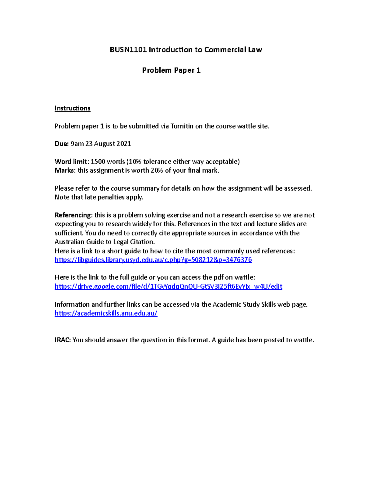Problem paper 1 2021 answer guide and feedback - BUSN1101 Introduction ...