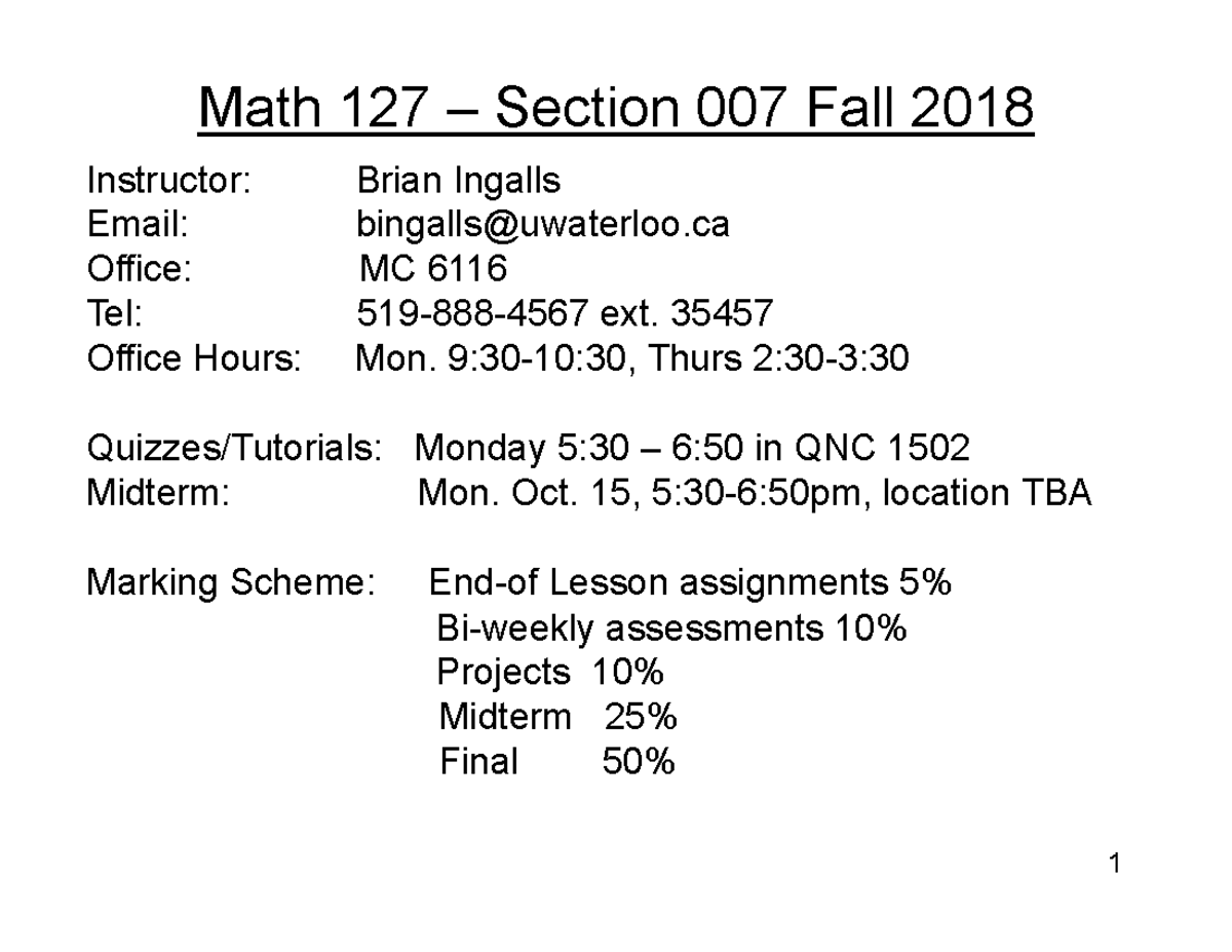 Topic 1 - Overview and functions - Math 127 – Section 007 Fall 2018 ...