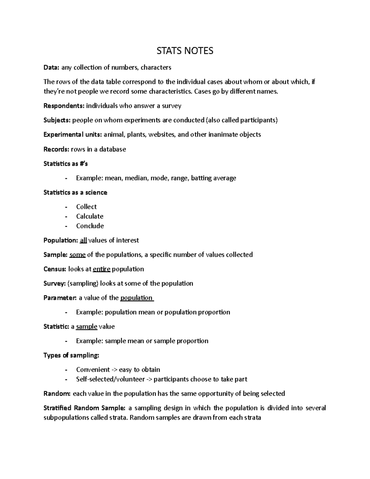 Stats Notes - STATS NOTES Data: any collection of numbers, characters ...