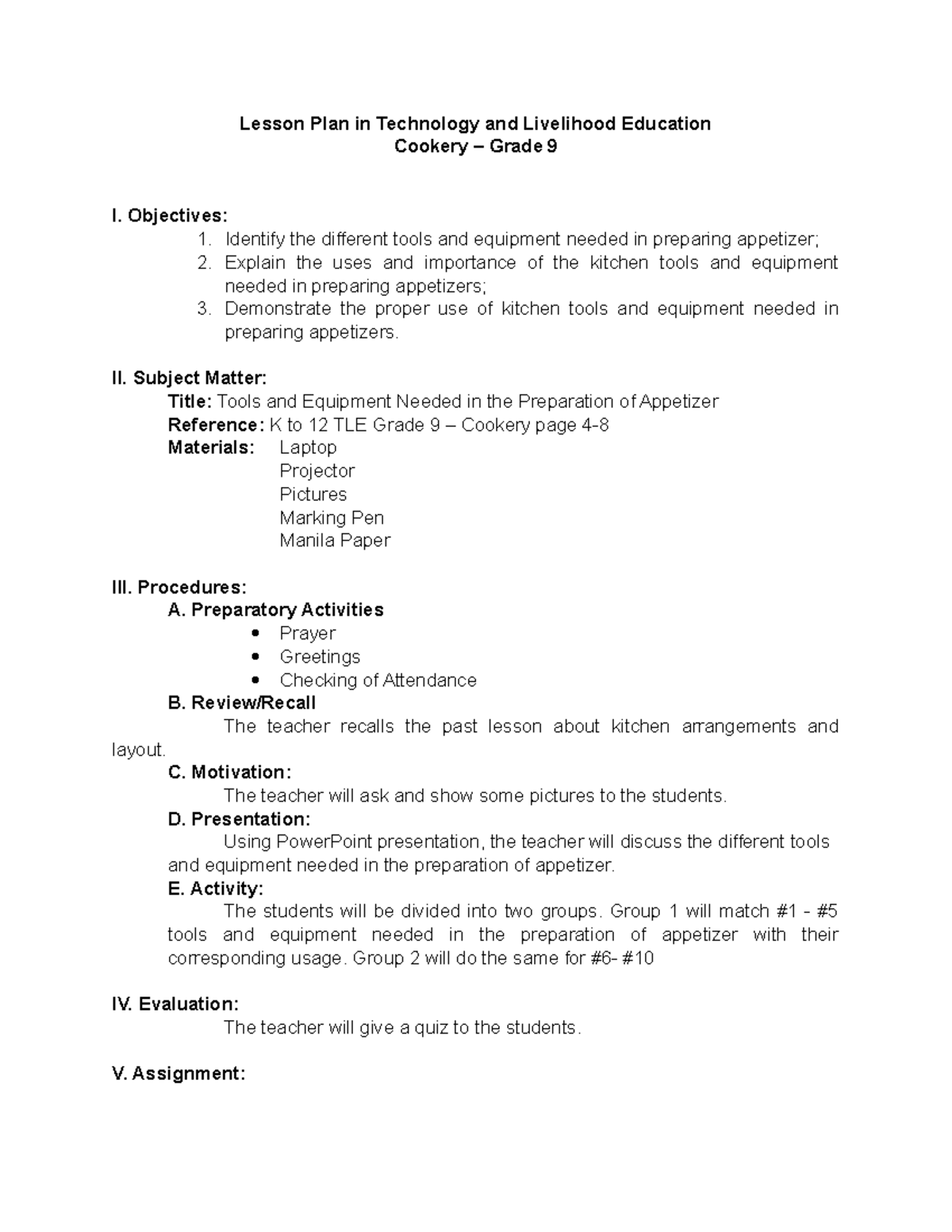 Lesson PLAN - Lesson Plan in Technology and Livelihood Education ...