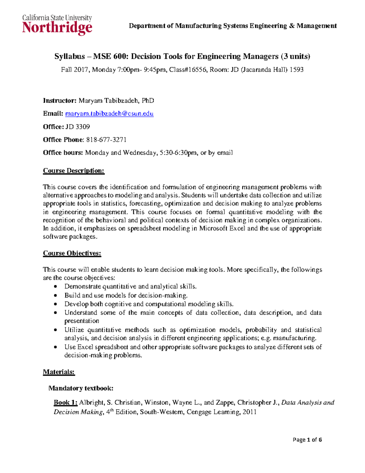 MSE 600 Syllabus-Fall 2017 - Syllabus – MSE 600: Decision Tools for ...