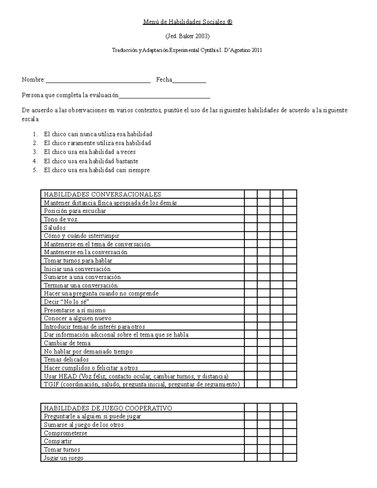 Menú de Habilidades Sociales Baker - Menú de Habilidades Sociales ® (Jed. Baker 2003) Traducción ...