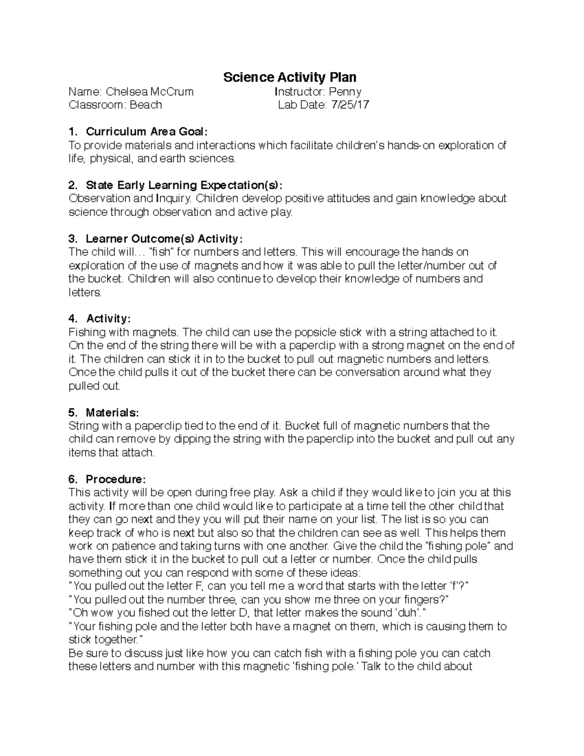 CD 229-Science Activity Plan - Science Activity Plan Name: Chelsea ...
