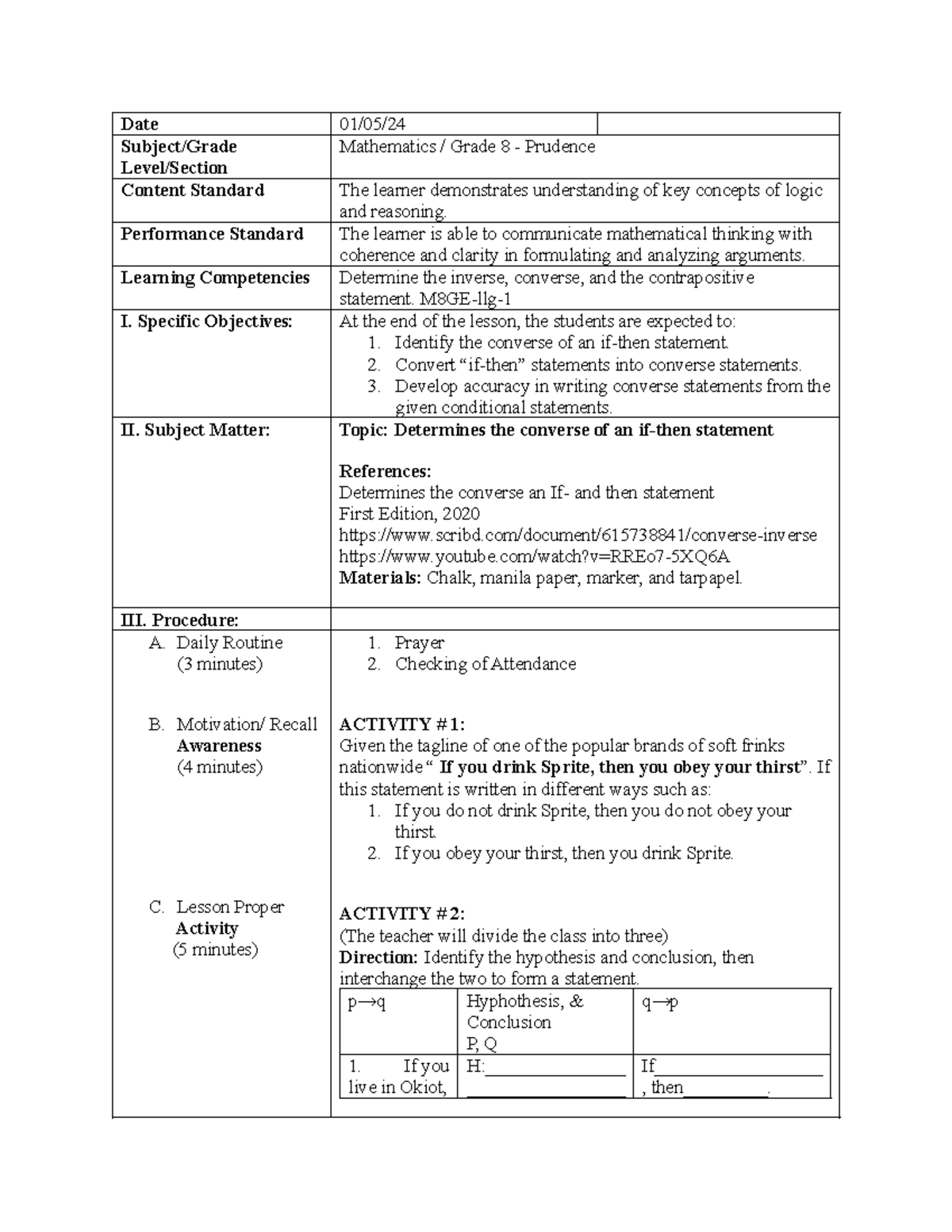 Demo lesson plan for jan - Date 01/05/ Subject/Grade Level/Section ...