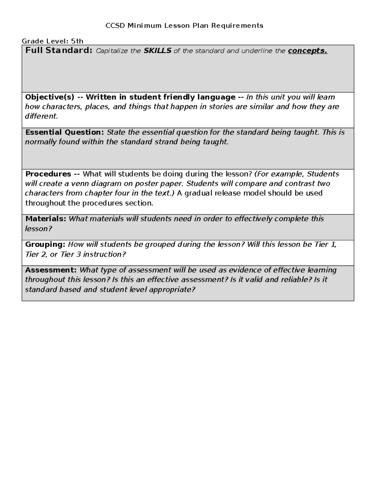 CCSD Minimum Lesson Plan - Objective(s) - Written in student friendly ...