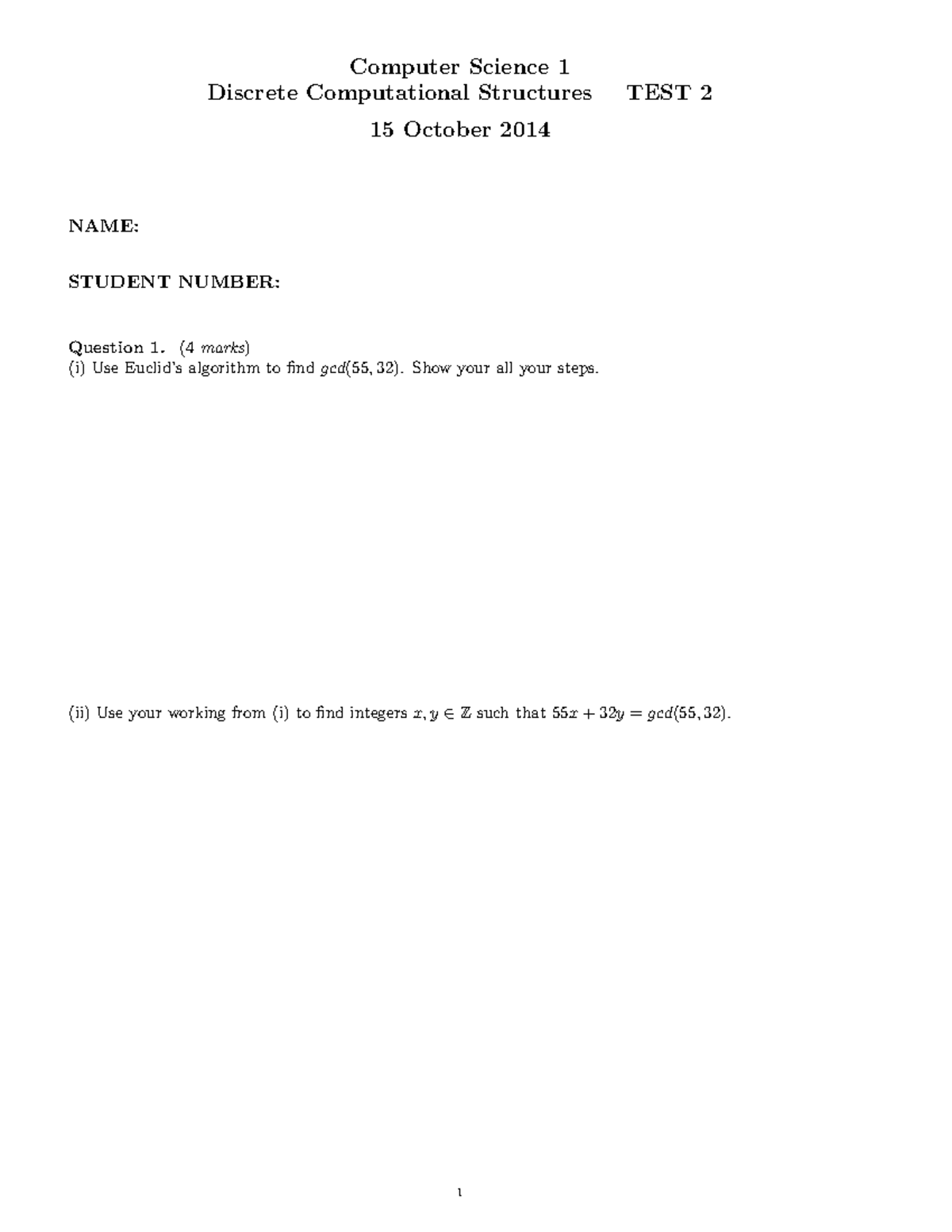DCS test2 2014 - test 2 question paper - Computer Science 1 Discrete ...
