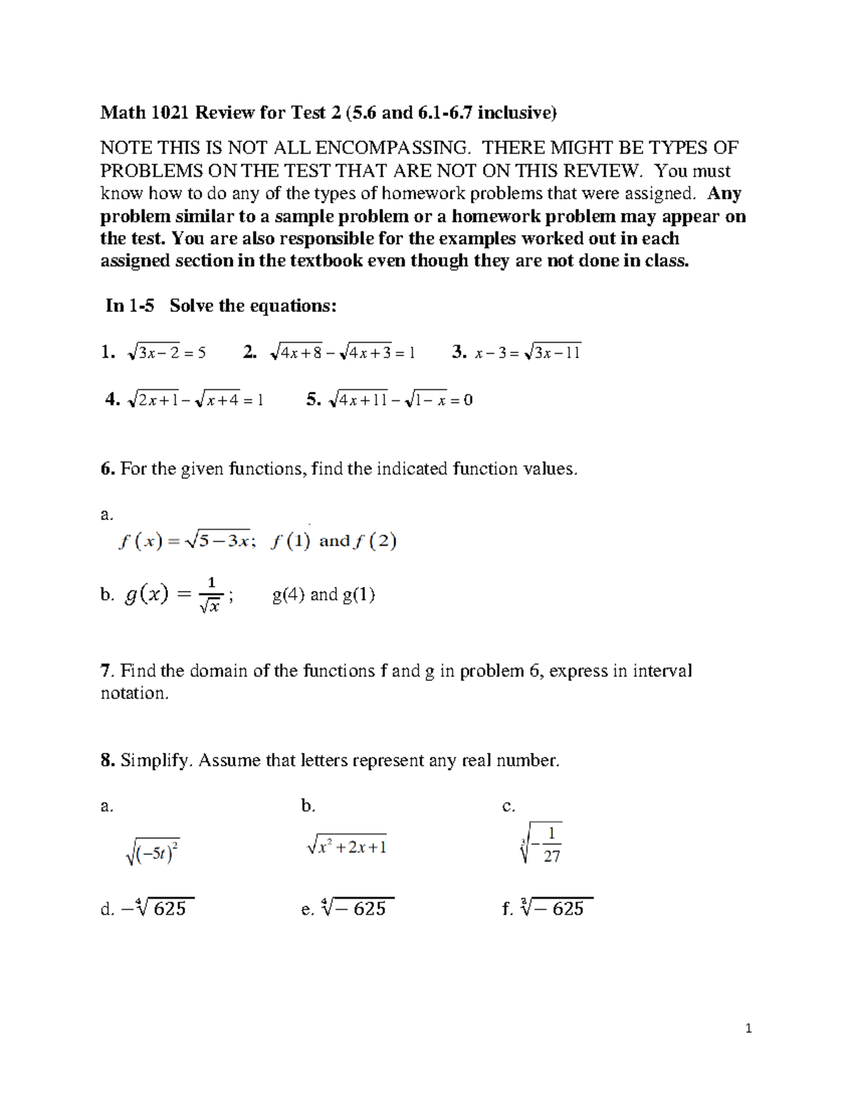 Math1021 Test#2 Review Spring 2021 - Math 1021 Review for Test 2 (5 and ...