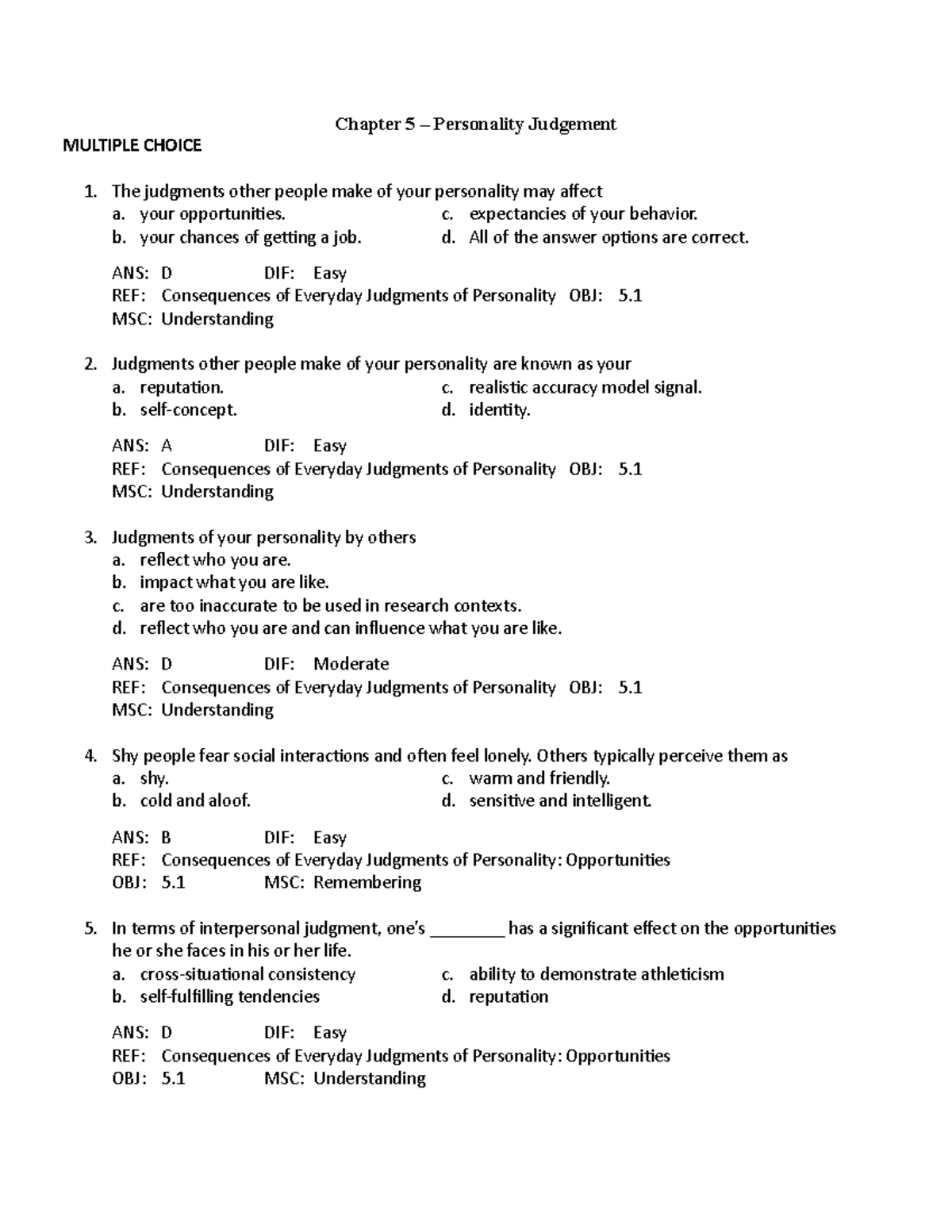 Chapter 5 - Personality Judgement - Chapter 5 – Personality Judgement ...