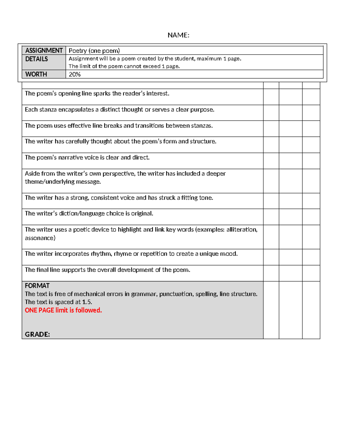 Assignment 2 Assessment Rubric Poetry - NAME: Criteria Yes Needs Work ...