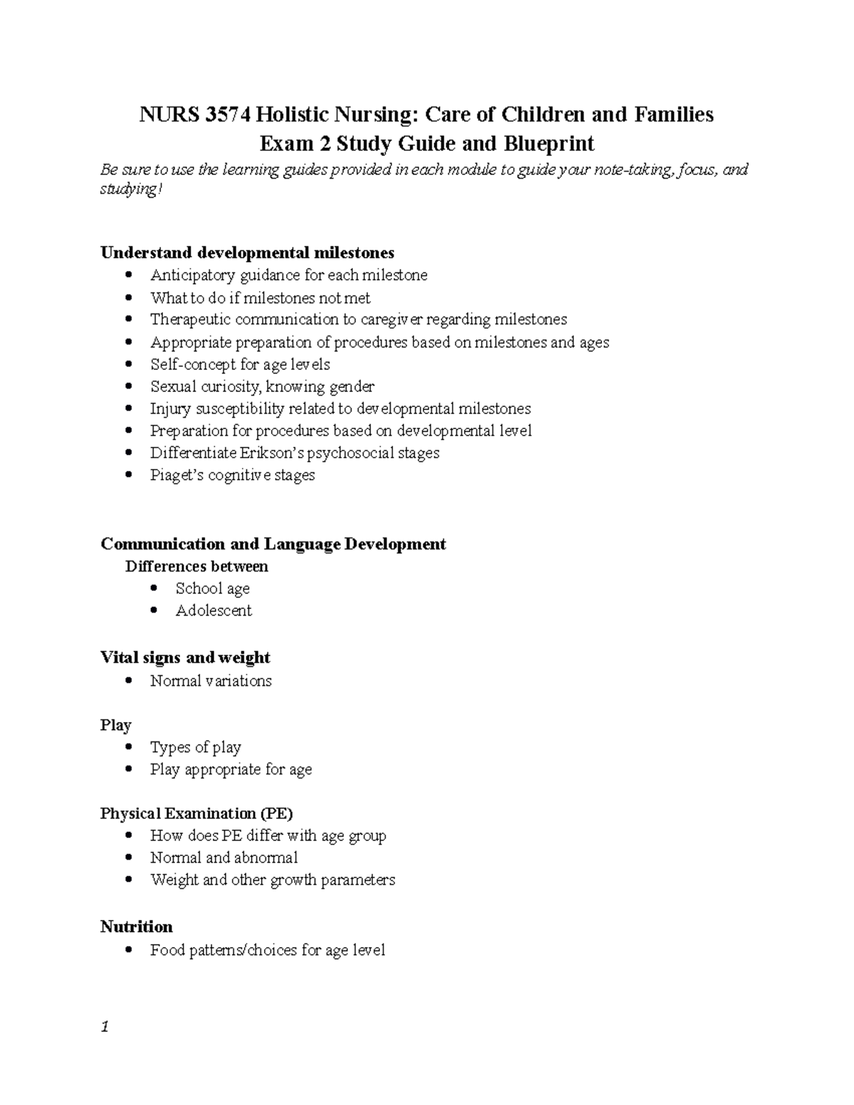 Exam 2 Study Guide Blueprint - NURS 3574 Holistic Nursing: Care of ...