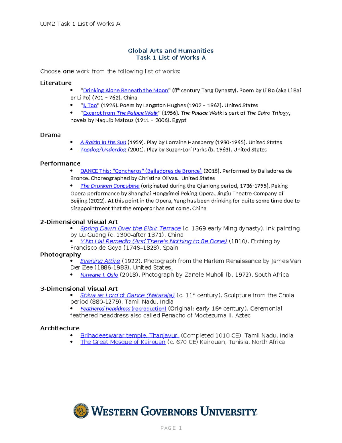 UJM2 Task 1 List A - task 1 assignment - UJM2 Task 1 List of Works A Global Arts and Humanities ...