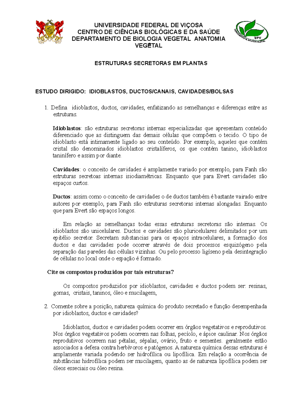 Estudo dirigido 3 idioblastos, ductos e cavidades 14 - UNIVERSIDADE ...