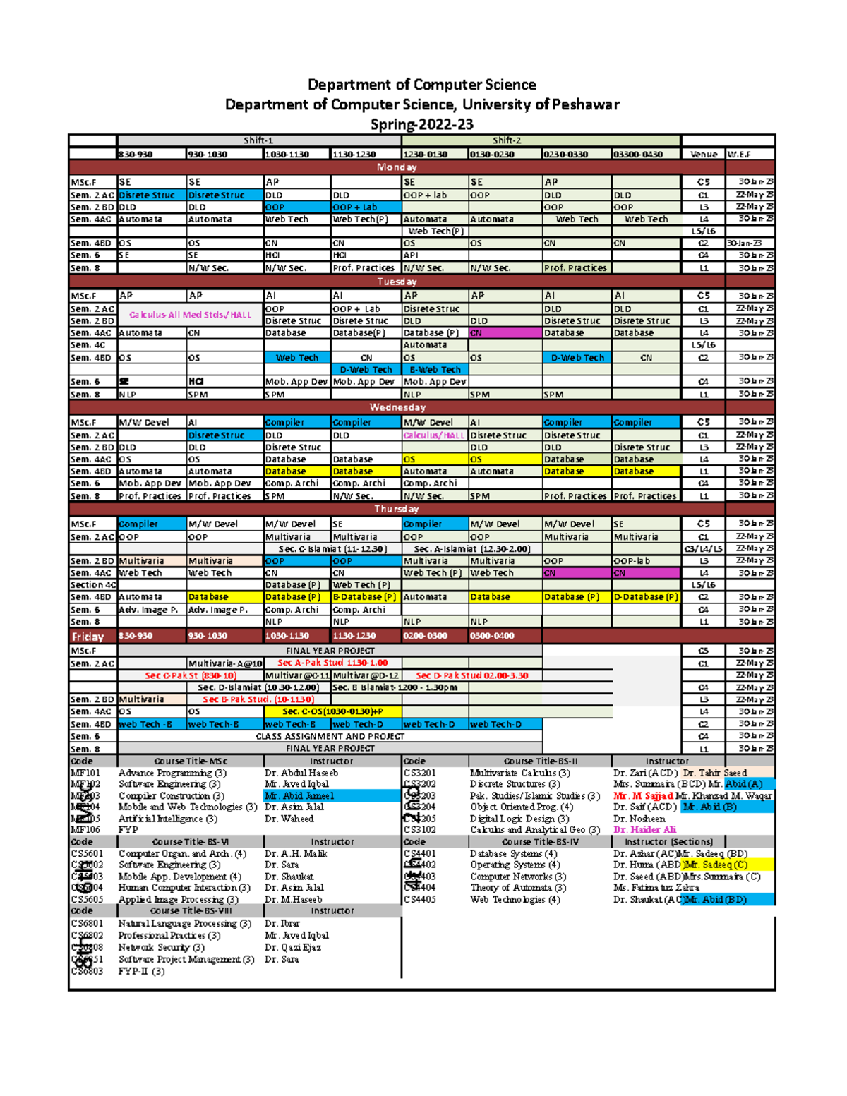 Spring 2022 23 Time Table 1 - 830-930 930-1030 1030-1130 1130-1230 1230-0130 0130-0230 0230-0330 ...