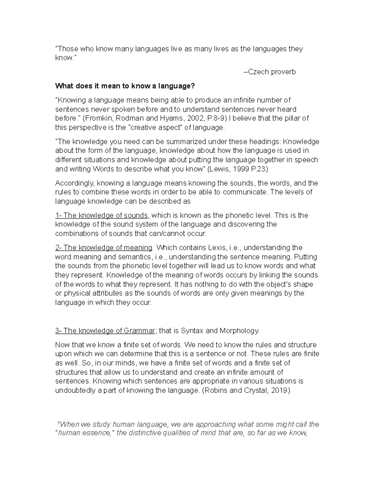 Assignment 5 - What does it mean to know a language - “Those who know ...