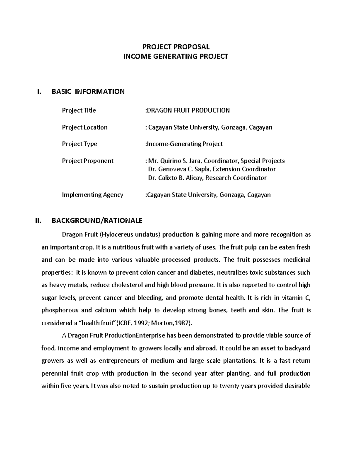 Dragon Fruit - PROJECT PROPOSAL INCOME GENERATING PROJECT I. BASIC ...