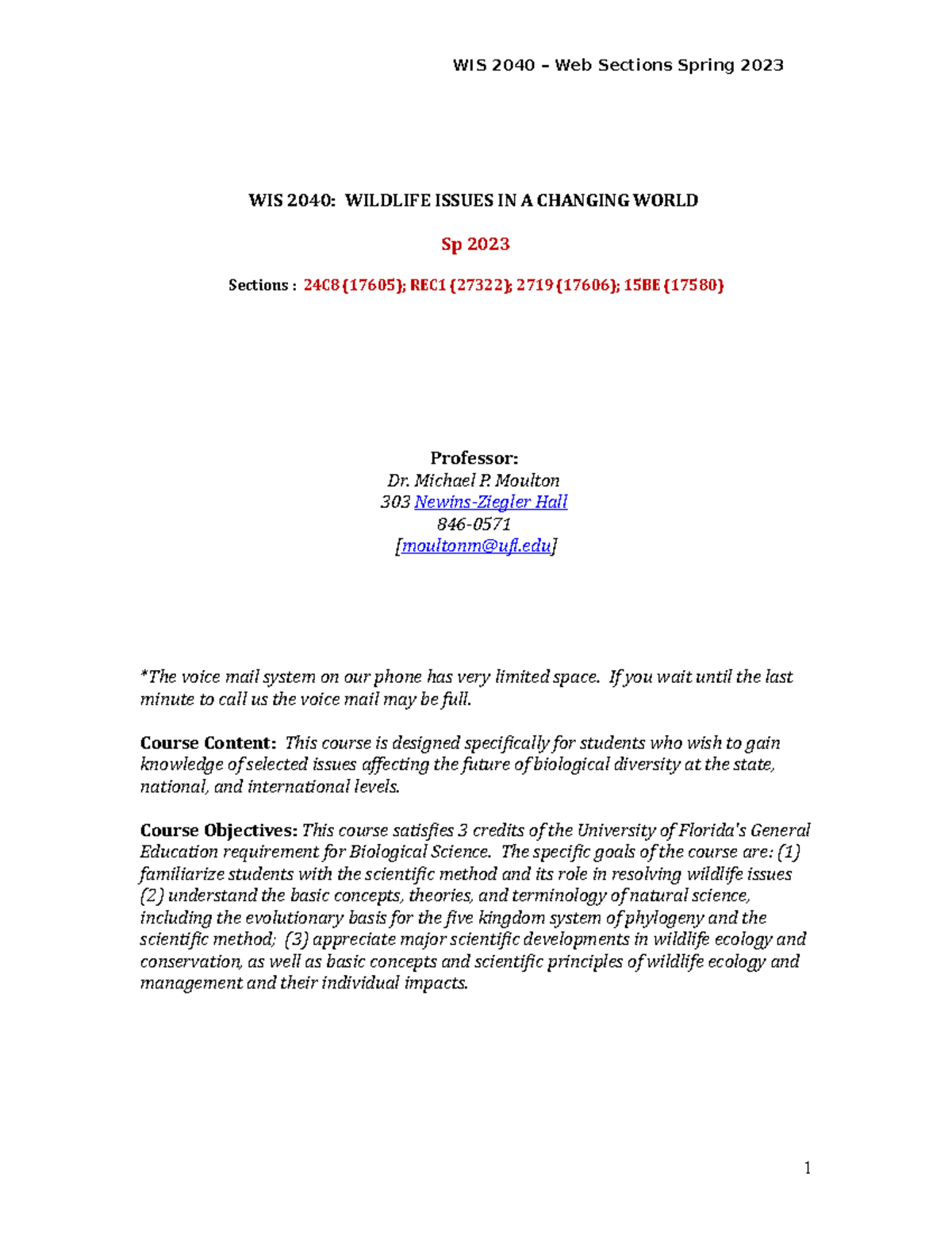 Syllabus Spr 2023 WIS 2040 WILDLIFE ISSUES IN A CHANGING WORLD Sp