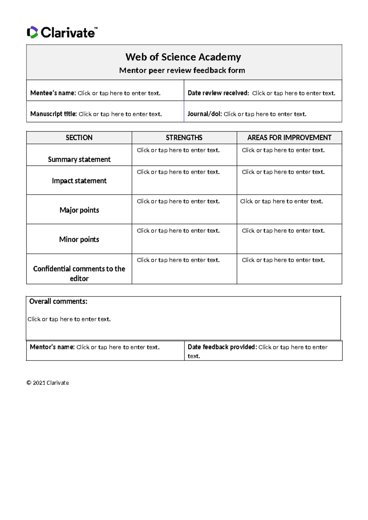 Mentor feedback form fillable - Web of Science Academy Mentor peer ...