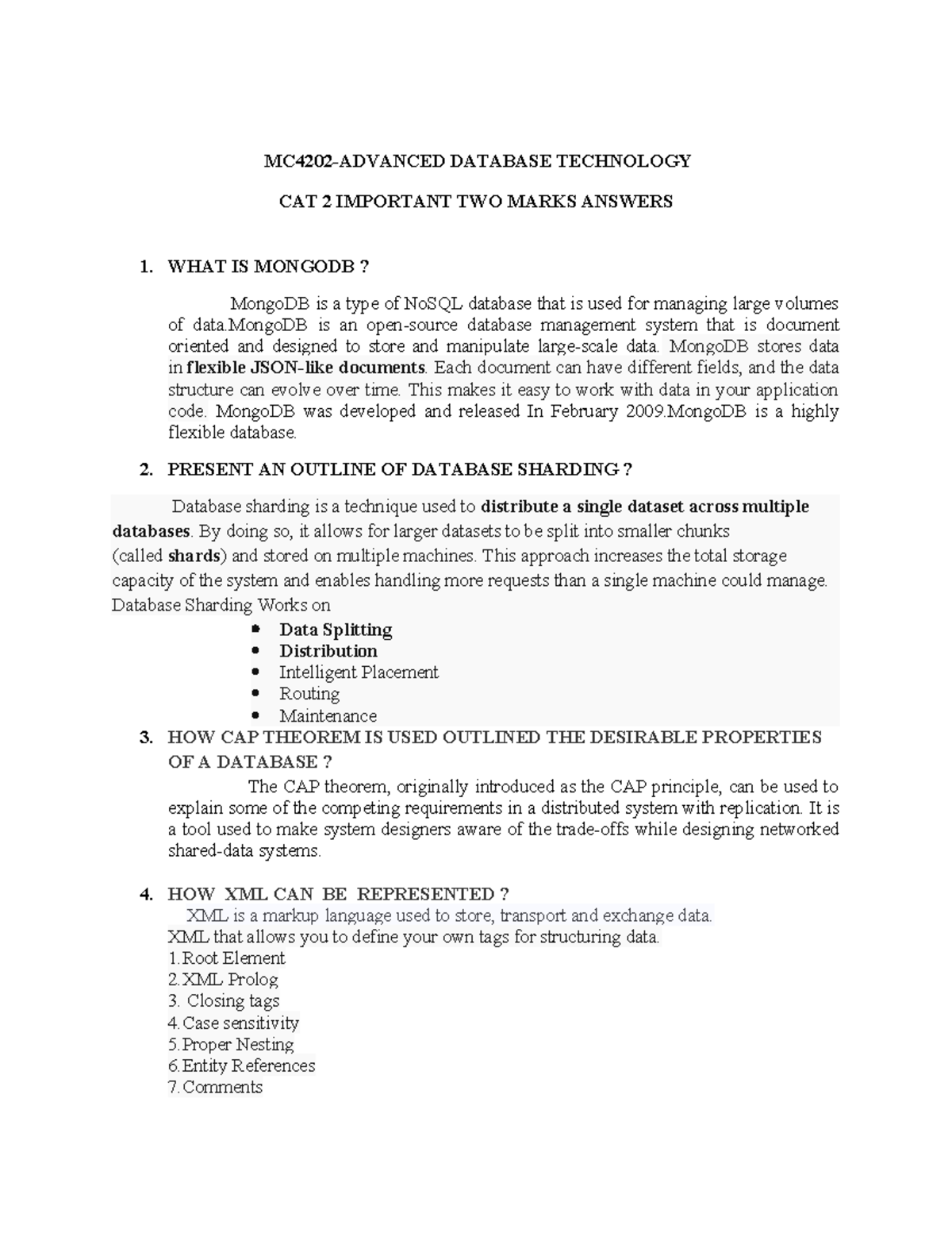 MC4202 ADT CAT 2 IMP TWO Marks - MC4202-ADVANCED DATABASE TECHNOLOGY CAT 2 IMPORTANT TWO MARKS ...