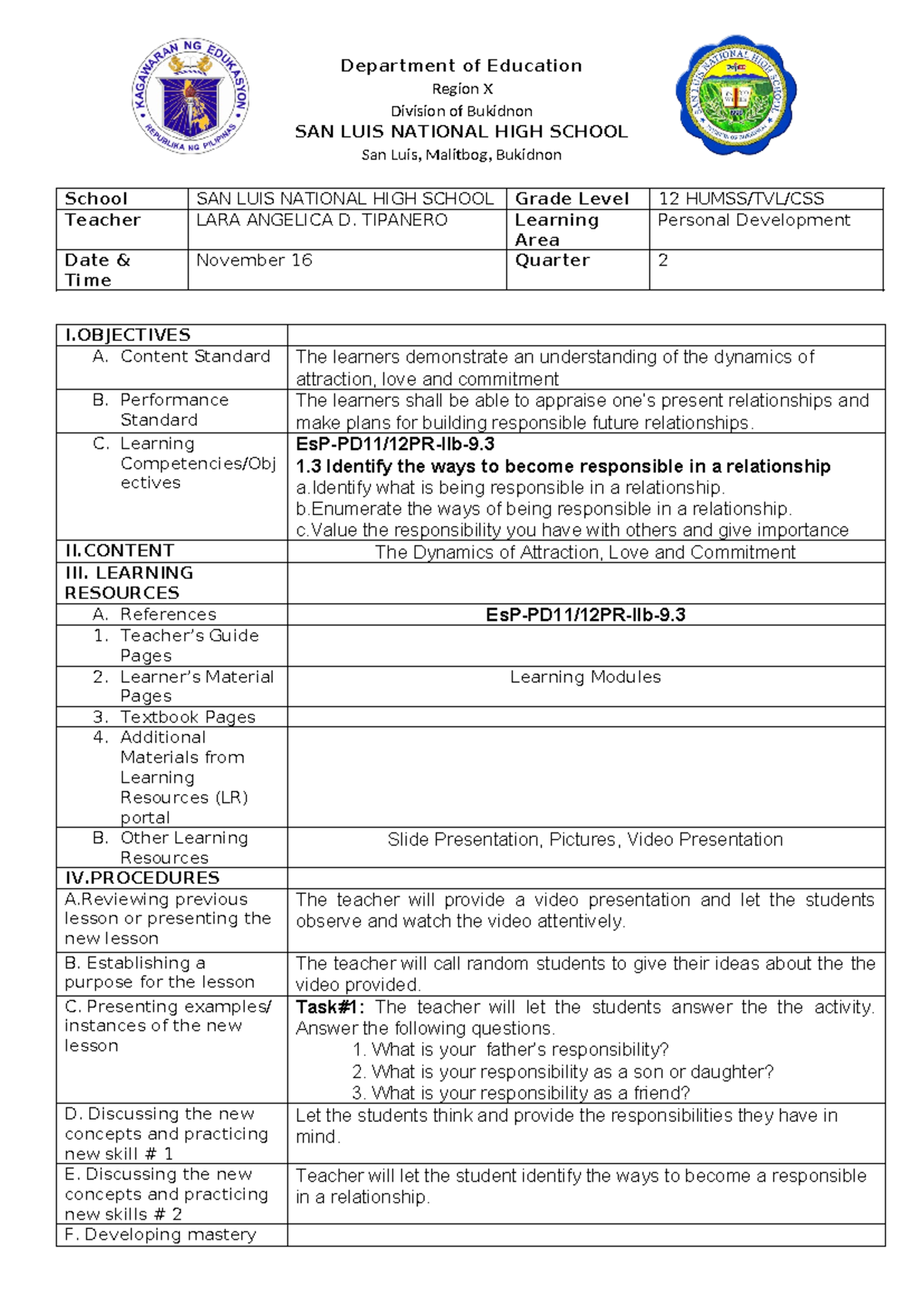 DLP Per. Dev. 5 - LESSON PLAN - Department of Education Region X ...