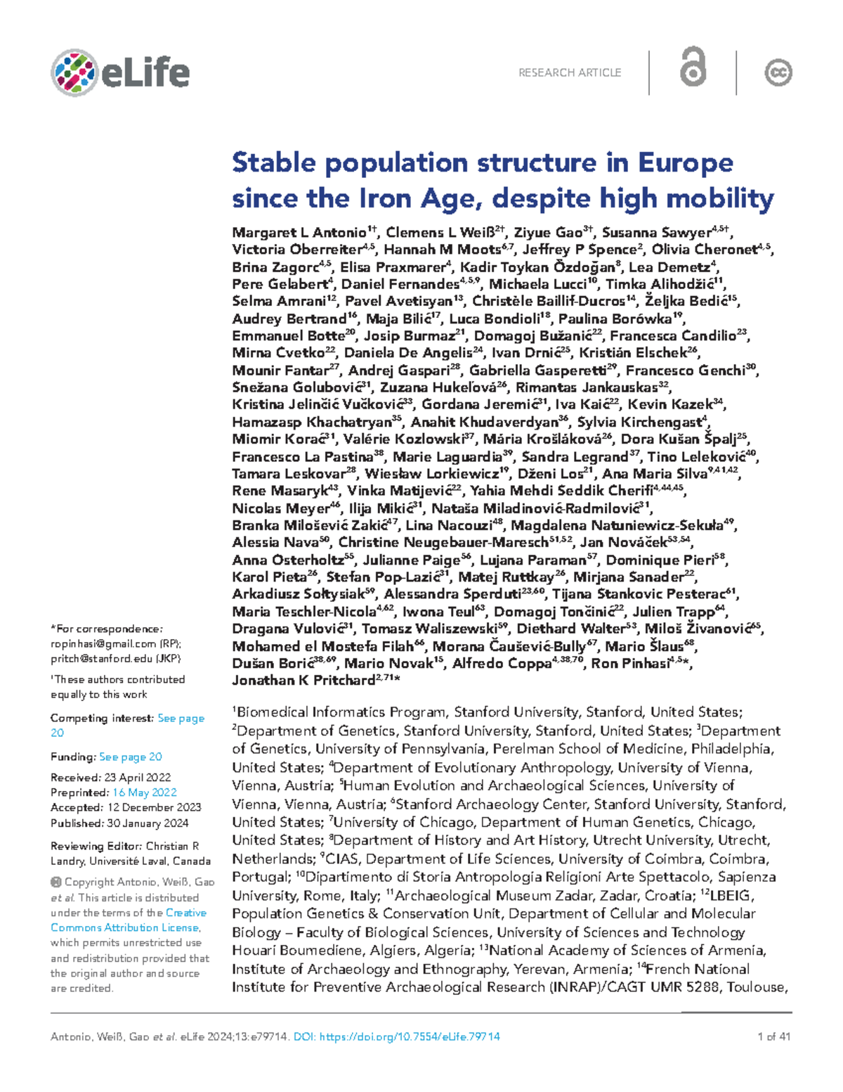 Pritchard. Stable population structure in Europe since the Iron Age ...