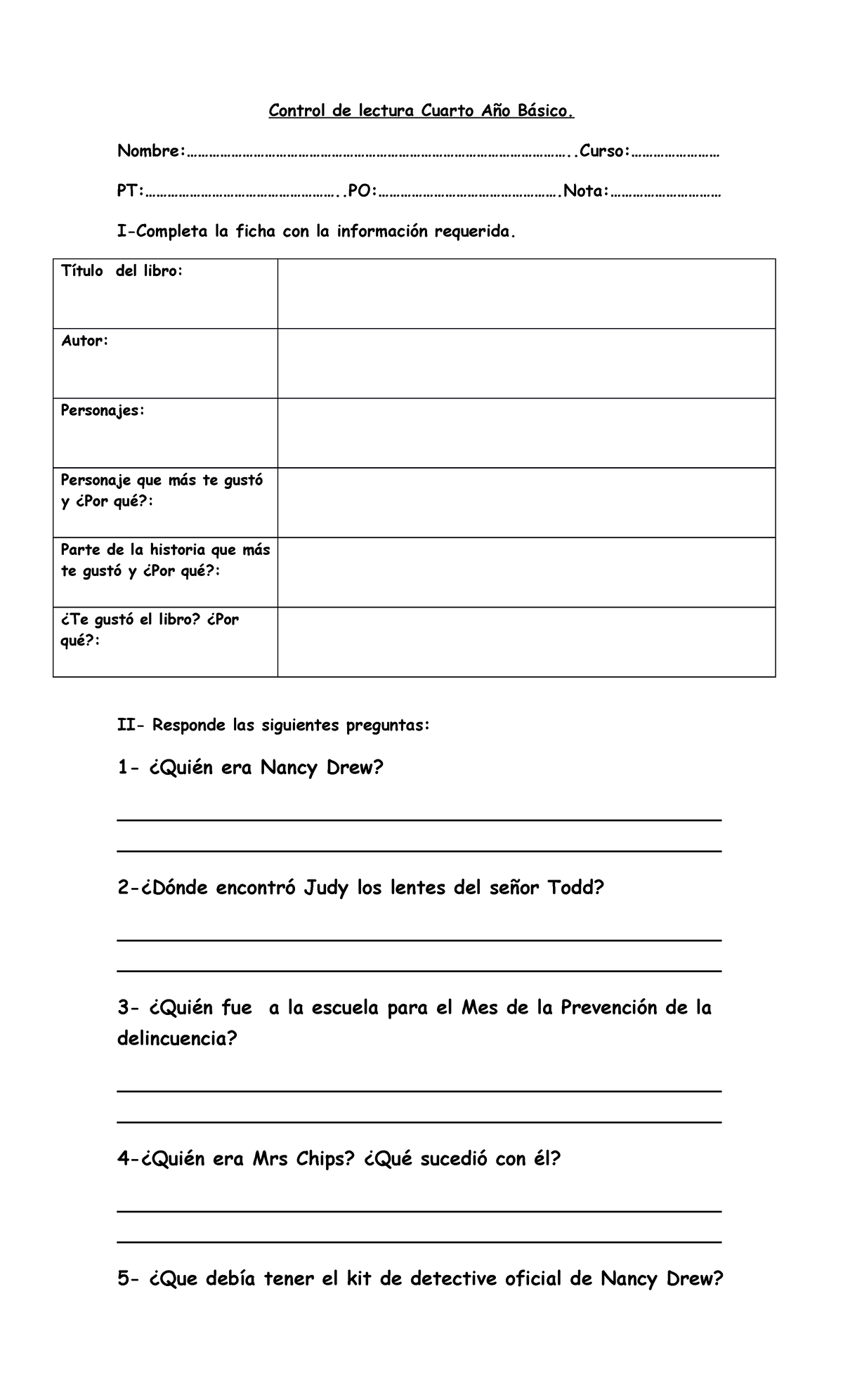 428521299 Prueba Judy Mody Es Detective - Control de lectura Cuarto Año ...