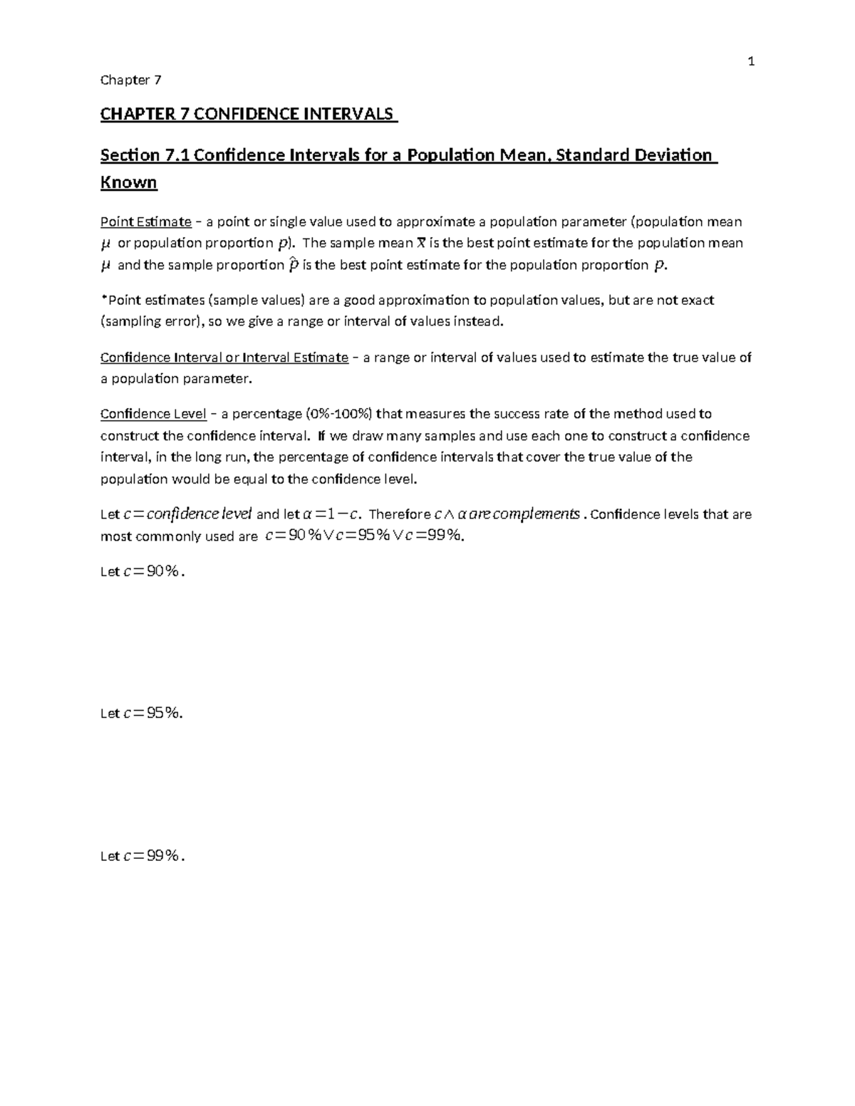 Chapter 7 Notes - Chapter 7 CHAPTER 7 CONFIDENCE INTERVALS Section 7 ...