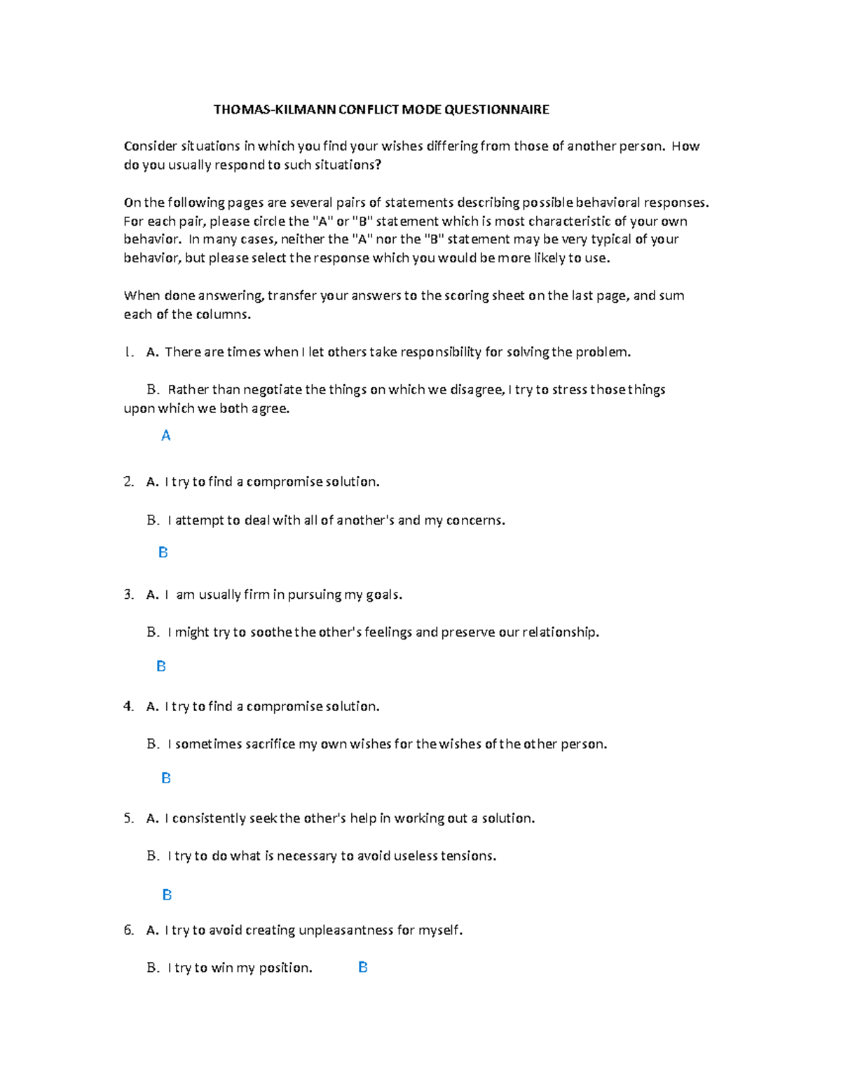 Conflict TKI-Test (done) - THOMAS-KILMANN CONFLICT MODE QUESTIONNAIRE ...