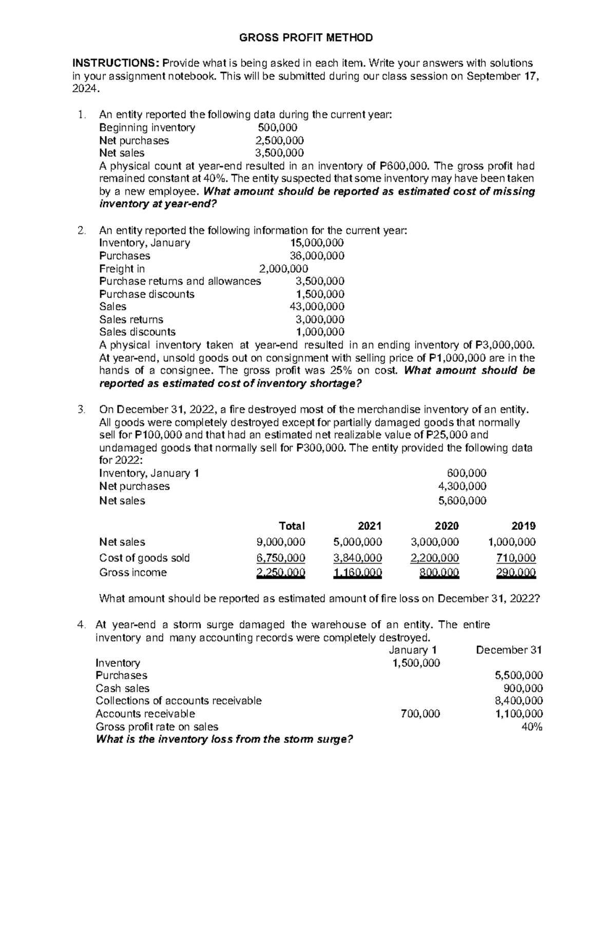 Bus Tax Chapter 1 - GROSS PROFIT METHOD INSTRUCTIONS: Provide what is ...