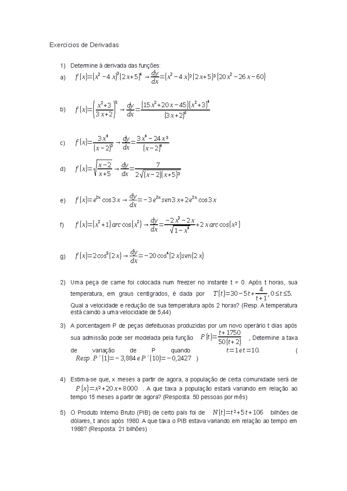 Derivadas Composta exercícios com gabarito - Exercícios de Derivadas 1 ...
