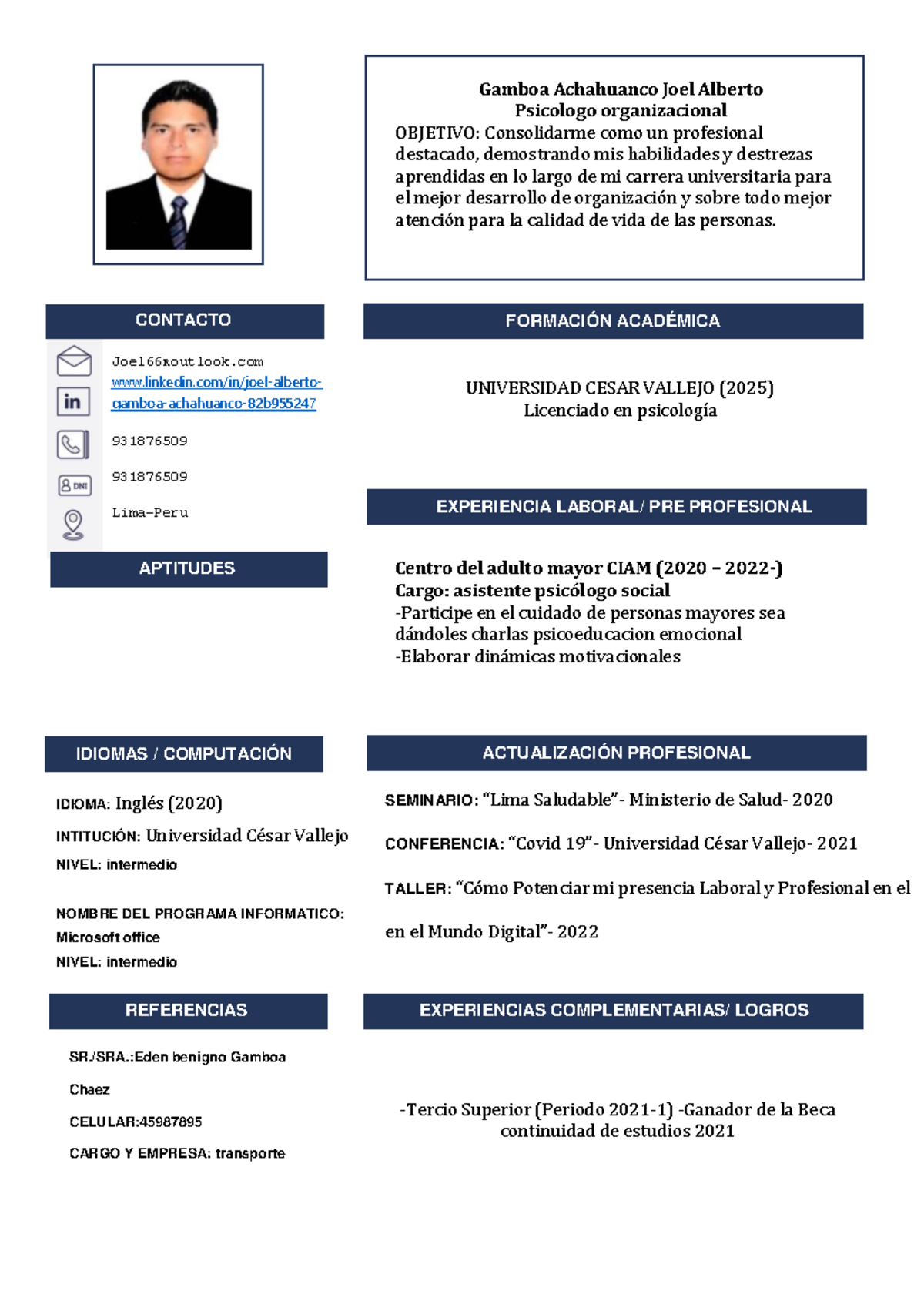 Formato CV Tutoria 8 JOEL Gamboa - Joel6 6 ʀoutlook linkedin/in/joel ...