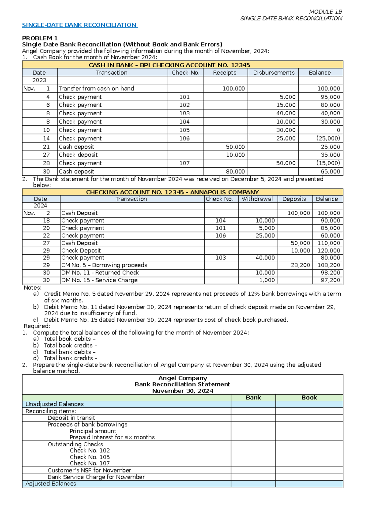 Module 1B - ia1 - SINGLE DATE BANK RECONCILIATION SINGLE-DATE BANK ...