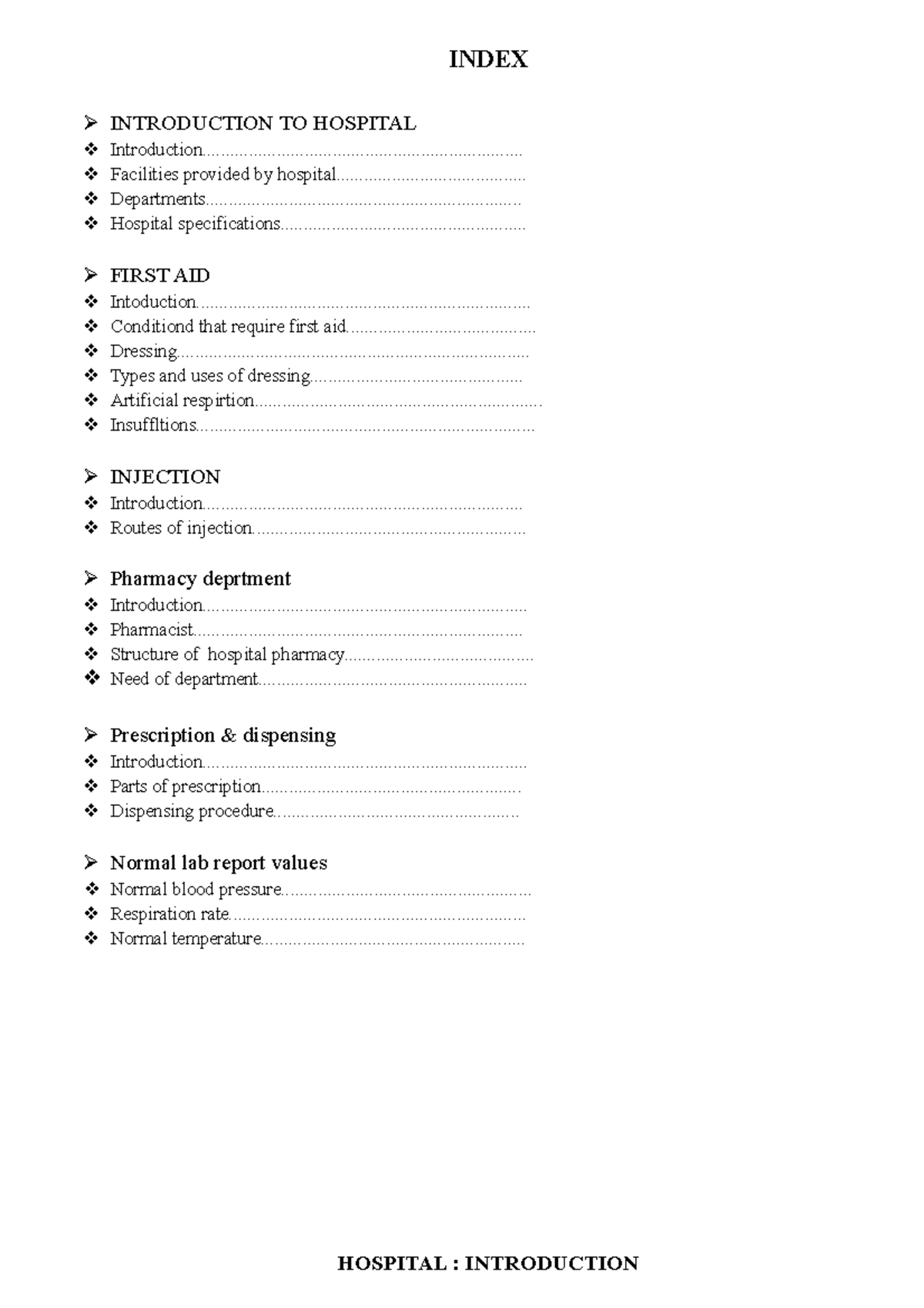 Hospital Report Format - INDEX INTRODUCTION TO HOSPITAL - Studocu