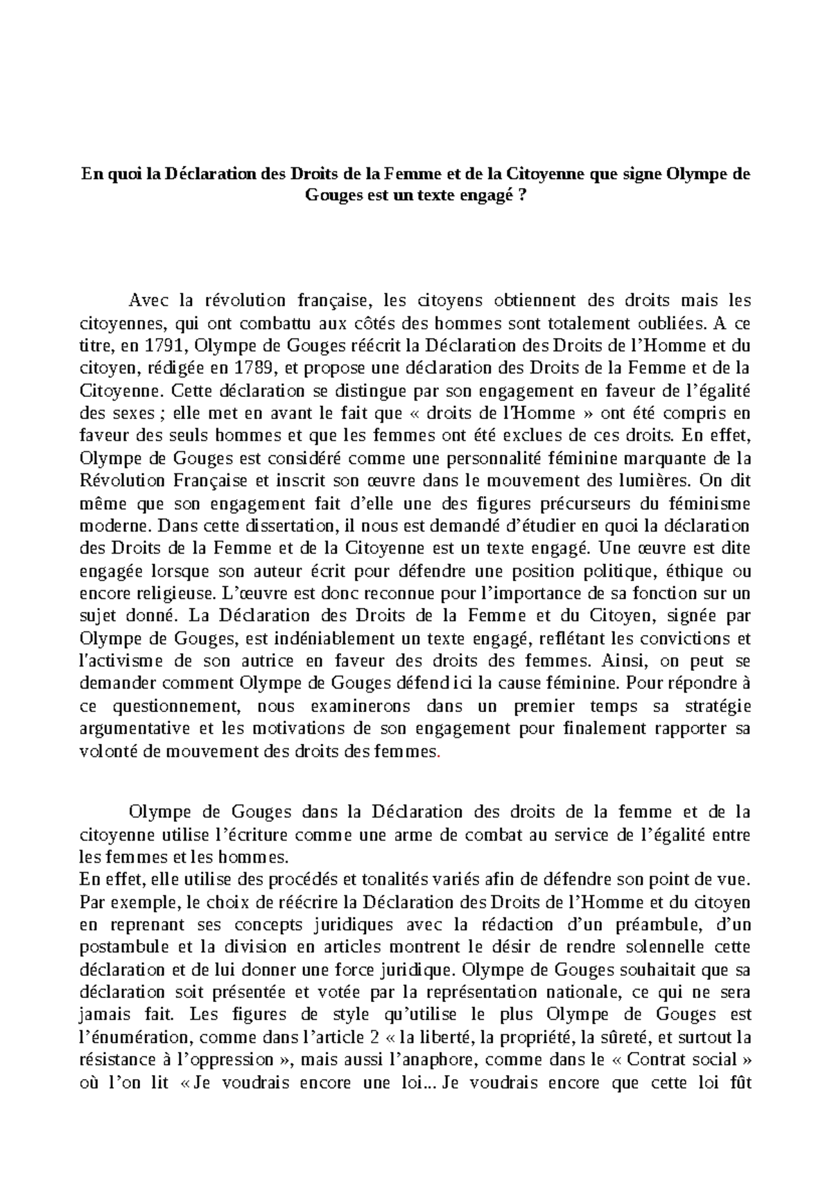 Dissertation olympe de gouges pdf - En quoi la Déclaration des Droits de la Femme et de la ...