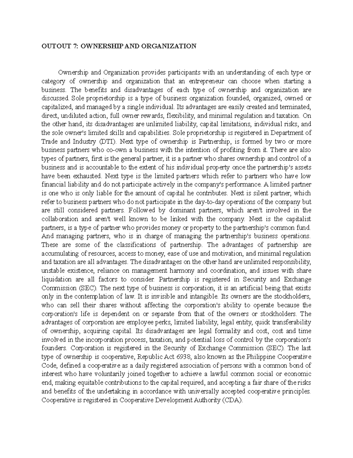 Learning Output 7 - ENTREPRENEURSHIP - OUTOUT 7: OWNERSHIP AND ...