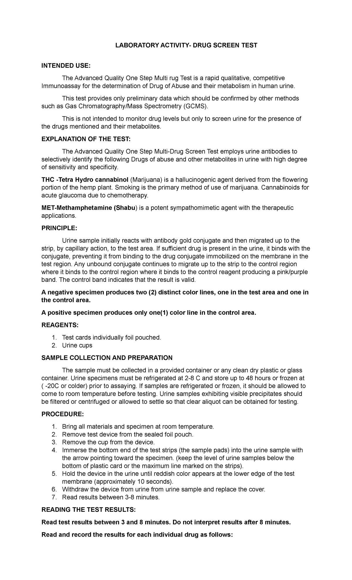 Drug Screen test - medical - LABORATORY ACTIVITY- DRUG SCREEN TEST ...