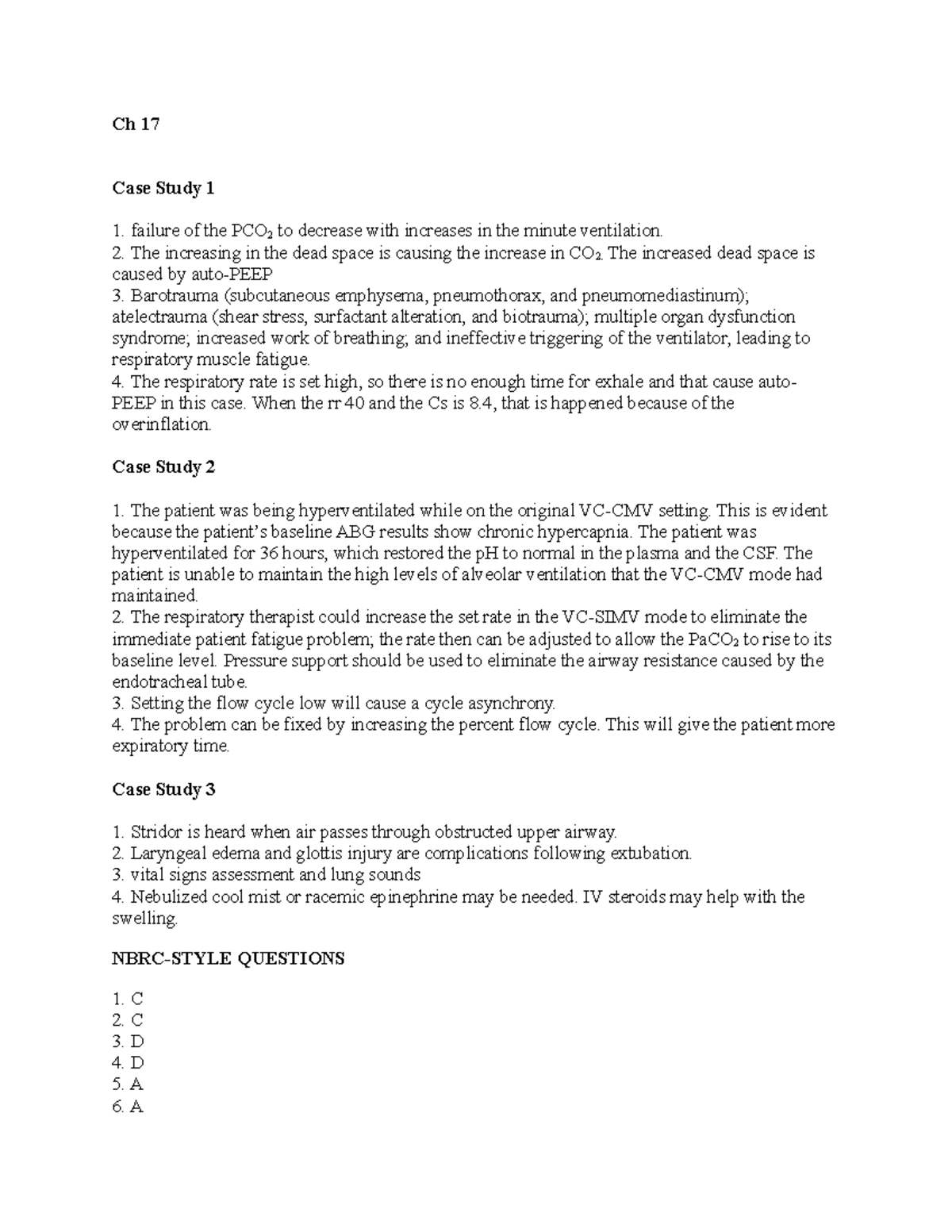 Ch 17, workbook - Ch 17 Case Study 1 failure of the PCO 2 to decrease ...