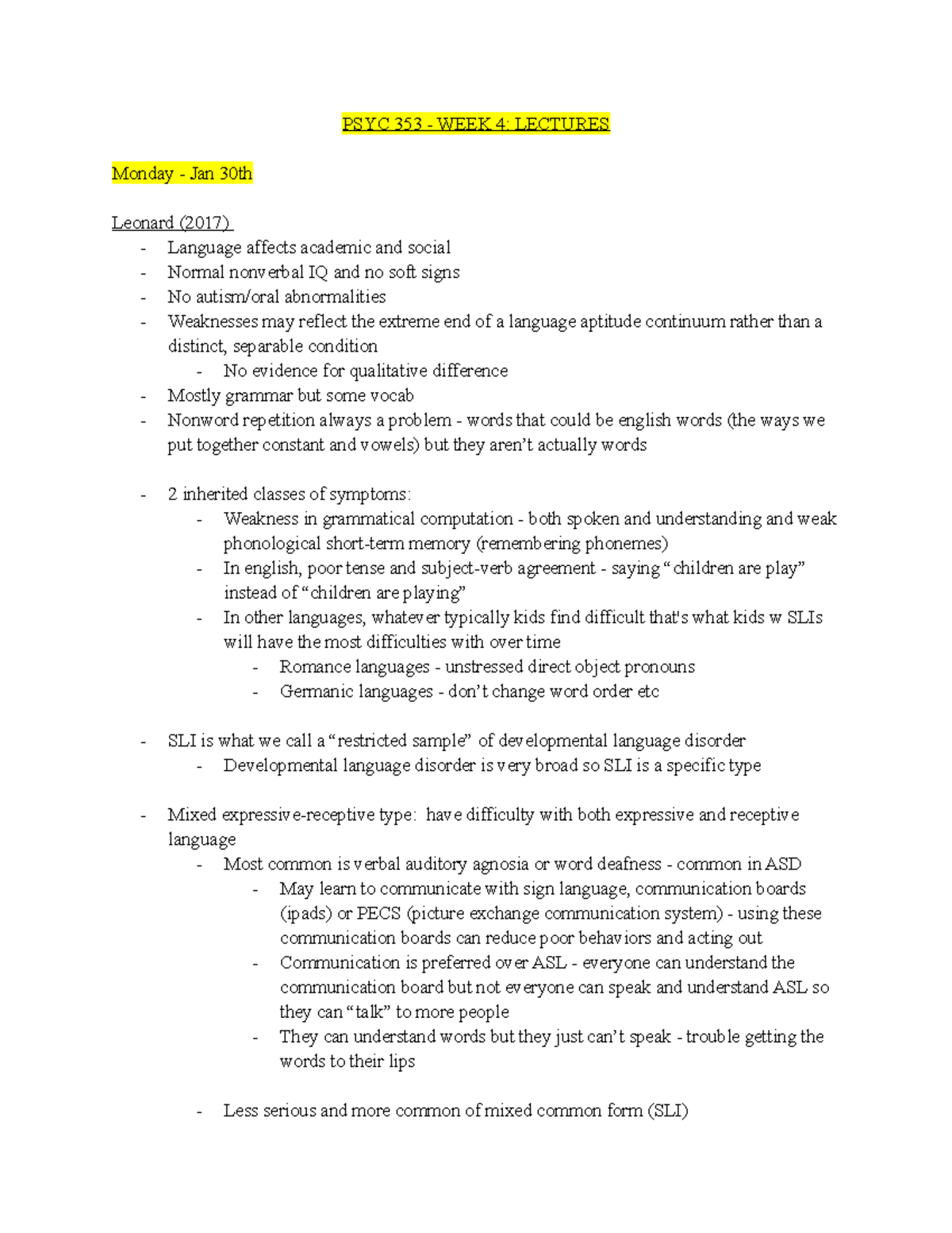 PSYC 353 - WEEK 4 Lectures - PSYC 353 - WEEK 4: LECTURES Monday - Jan 30th Leonard (2017 ...