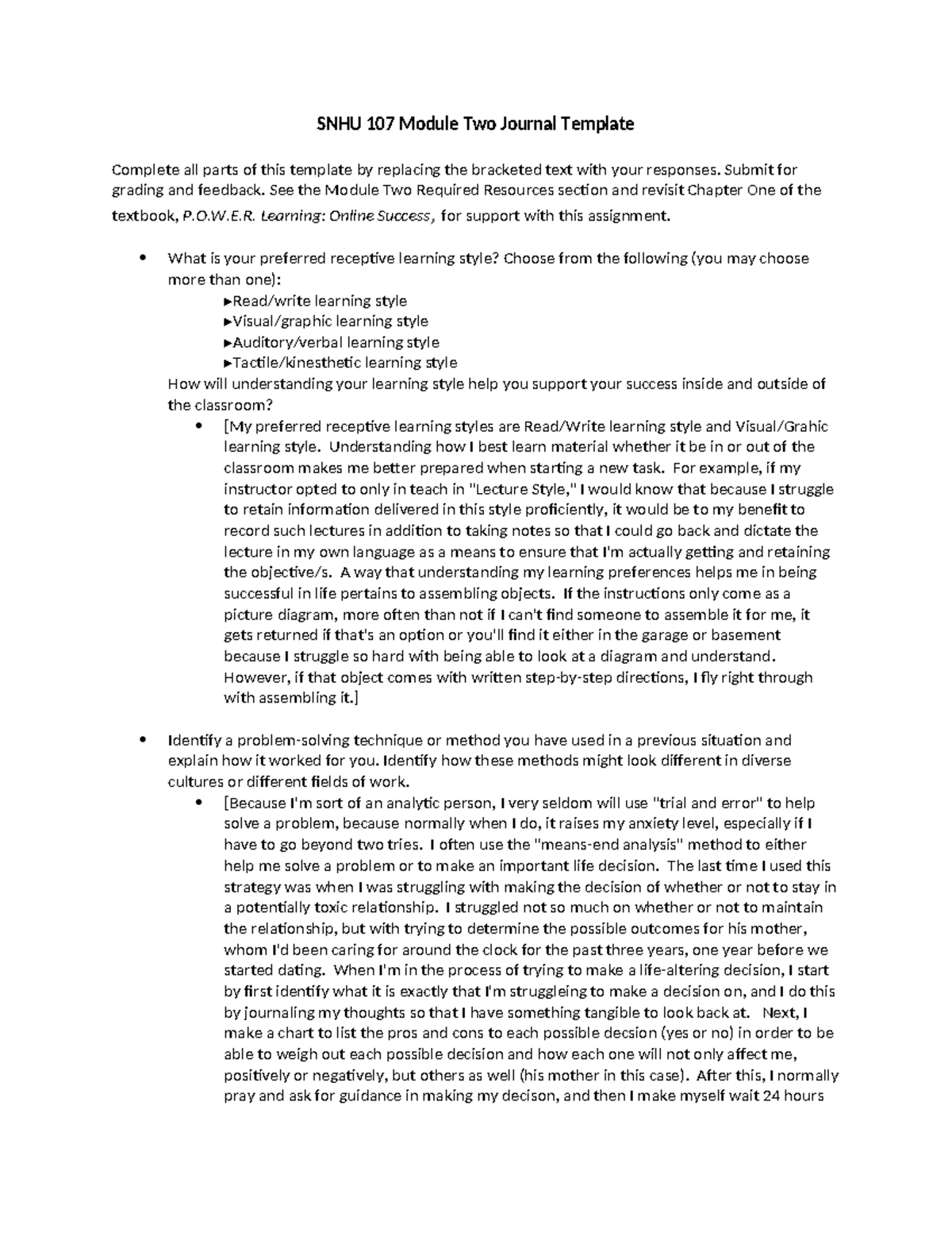Snhu 107 Journal 2 2 Preferred Learning Styles Snhu 107 Module Two