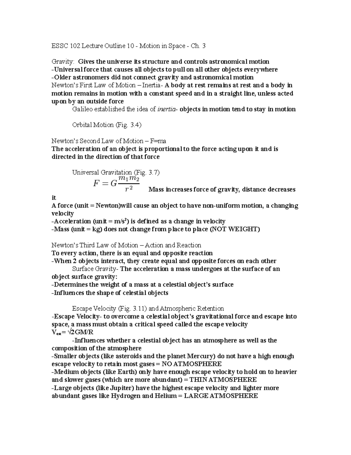Lecture Outline 10 Motion in Space - ESSC 102 Lecture Outline 10 ...